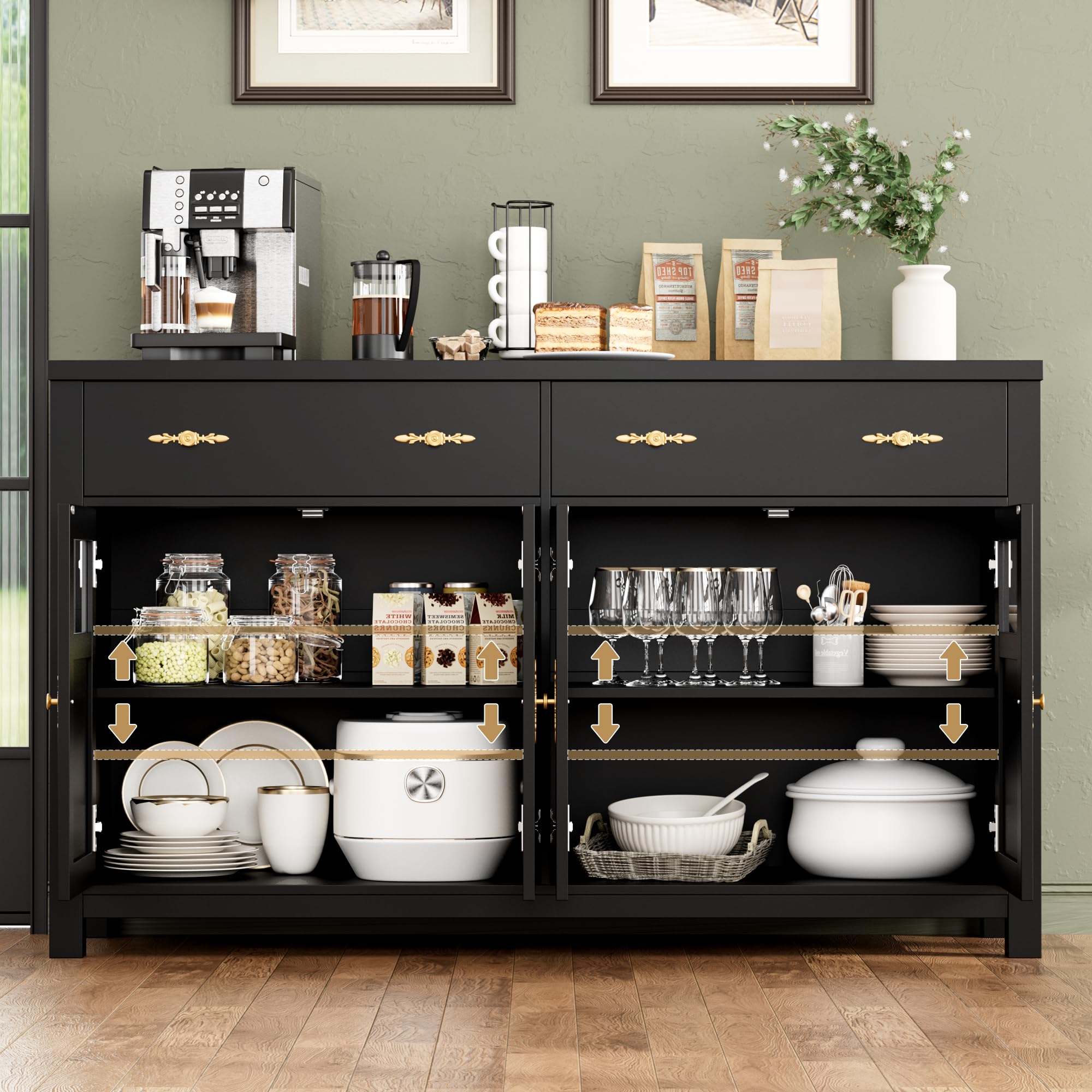 FINETONES Buffet Cabinet with Storage, 55.1" Large Sideboard Buffet Cabinet, Farmhouse Sideboard Kitchen Cabinet with 2 Drawers and 4 Doors, Wood Coffee Bar Cabinet Buffet Table for Kitchen, Black