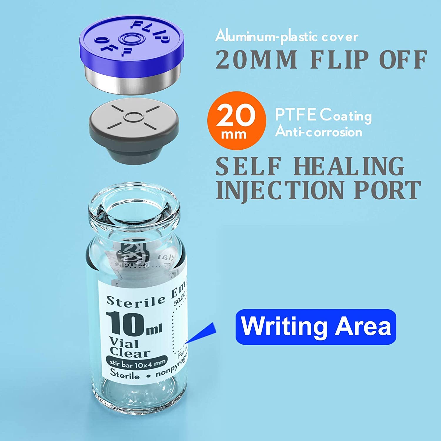 Biocomma 10pcs 10ml Sterile Empty Vial with Plastic Aluminum Flip Off Caps,Penicillin Bottle 20mm Crimp Top Sterile Transparent Borosilicate Lab Sample Vial (Transparent)
