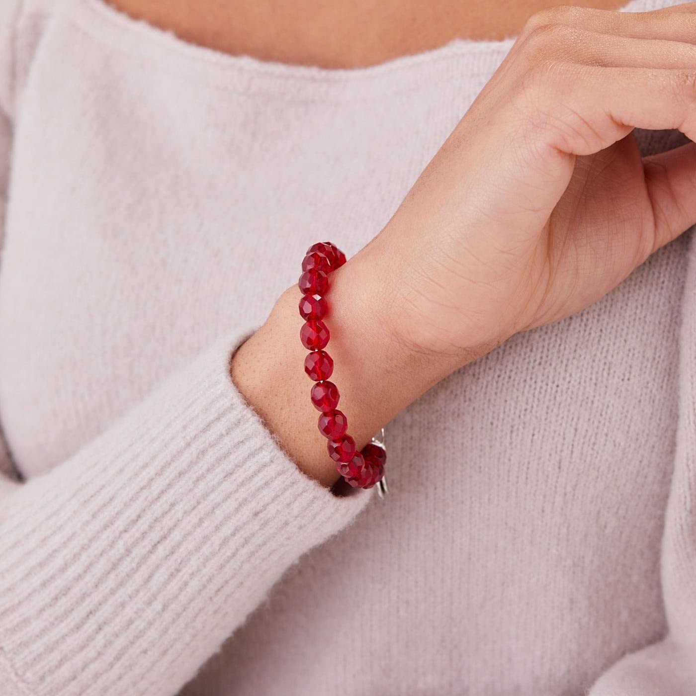 Alex and Ani Accents Luna Beaded Expandable Bangle for Women, Cranberry Beads, Shiny Silver Finish, 2 to 3.5 in