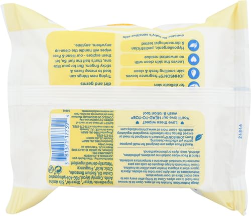Johnson's Hand & Face Baby Sanitizing Cleansing Wipes for Travel and On-the-Go, No More Tears Formula, Paraben and Alcohol Free, 25 ct