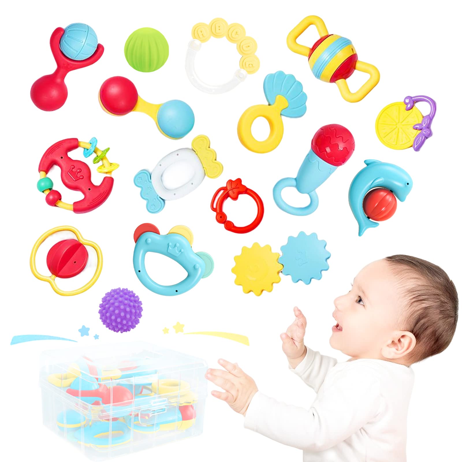 Eners 16 Pcs Baby Rattle Teethings Toys, Grab and Spin Baby Rattles, Teethers for Babies 0-3-6-12 Months, Infant Shaker with Storage Box
