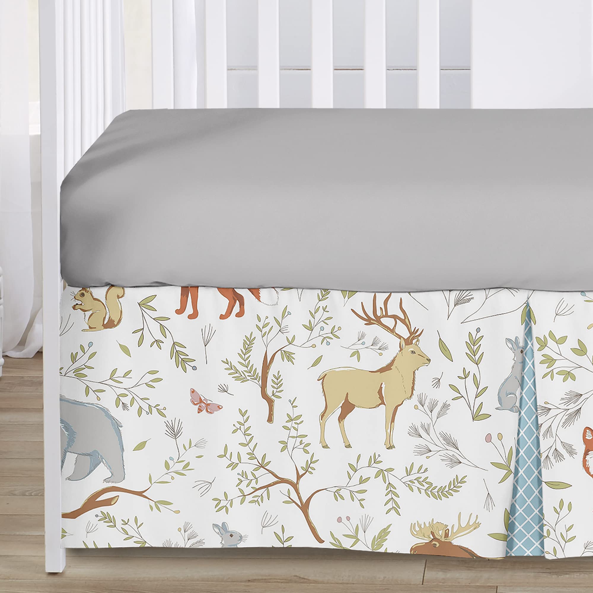 Sweet Jojo Designs Blue, Grey and White Woodland Deer Fox Bear Animal Toile Girl or Boy Baby Bedding 4 Piece Crib Set