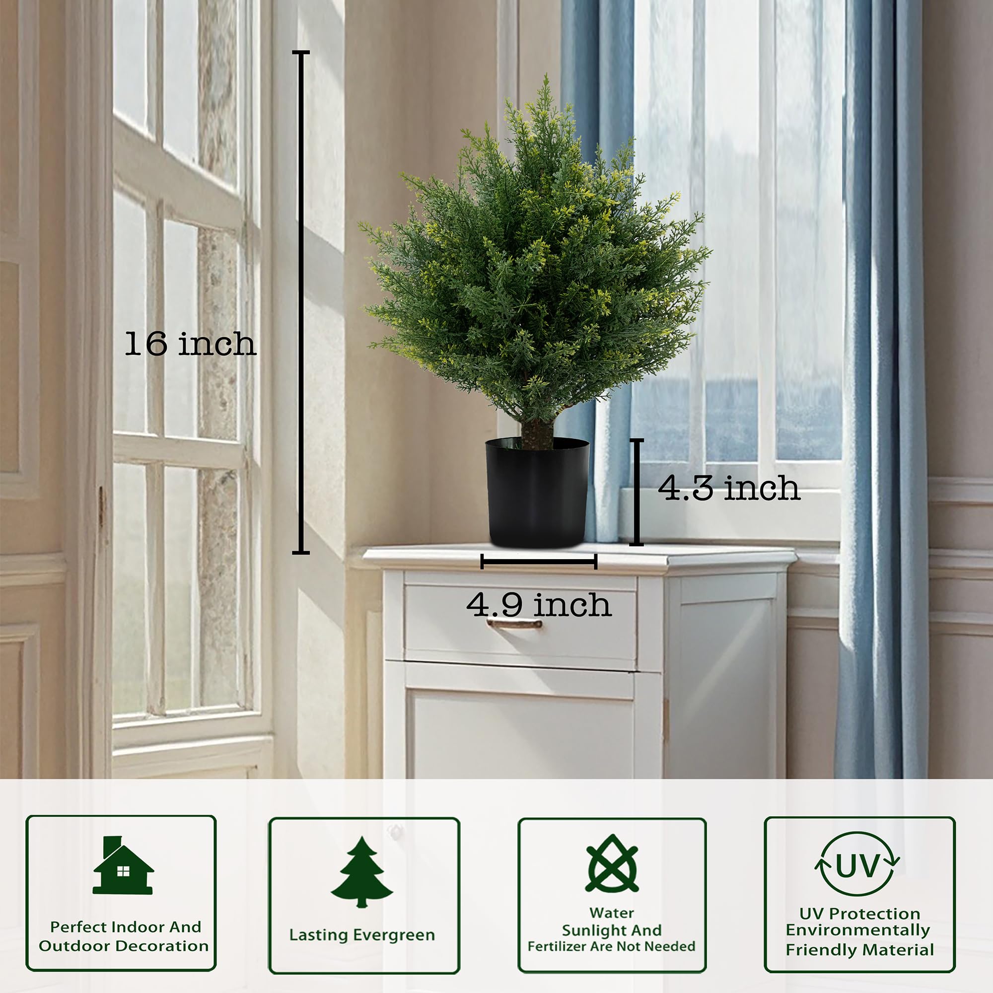 Kissilk Artificial Cedar Topiary Artificial Cedar Tree Artificial Cedar Shrub UV-Proof Leaves Bushes Potted Plants for Home Office Outdoor and Indoor Decor- 16 Inch (16)