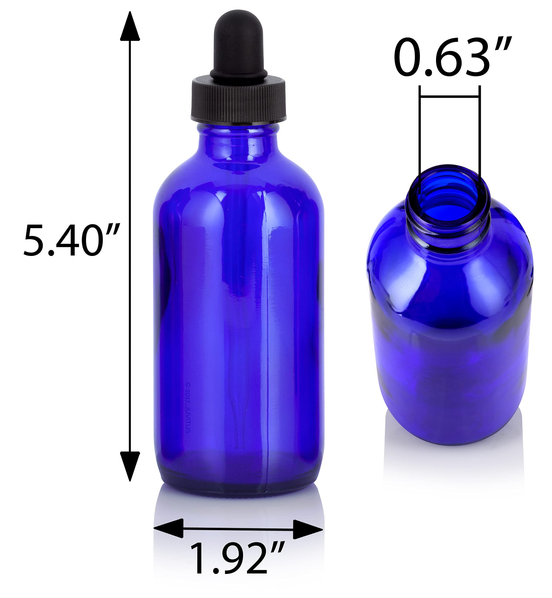 JUVITUS 4 oz / 120 ml Cobalt Blue Glass Boston Round Bottle with Black Dropper (2 Pack) + Clear Travel Bag
