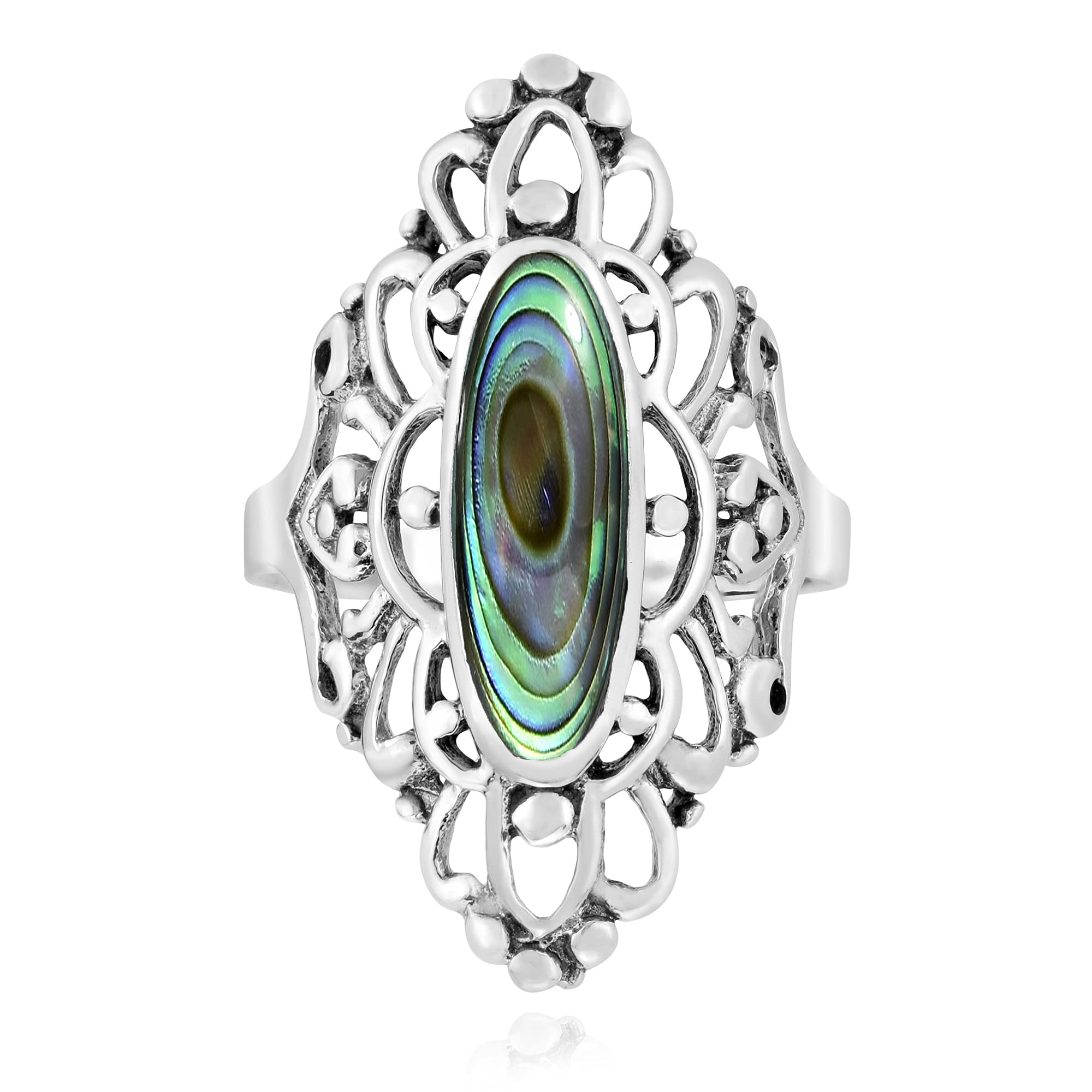 AeraVida Heart Filigree Oval Abalone Shell .925 Sterling Silver Ring