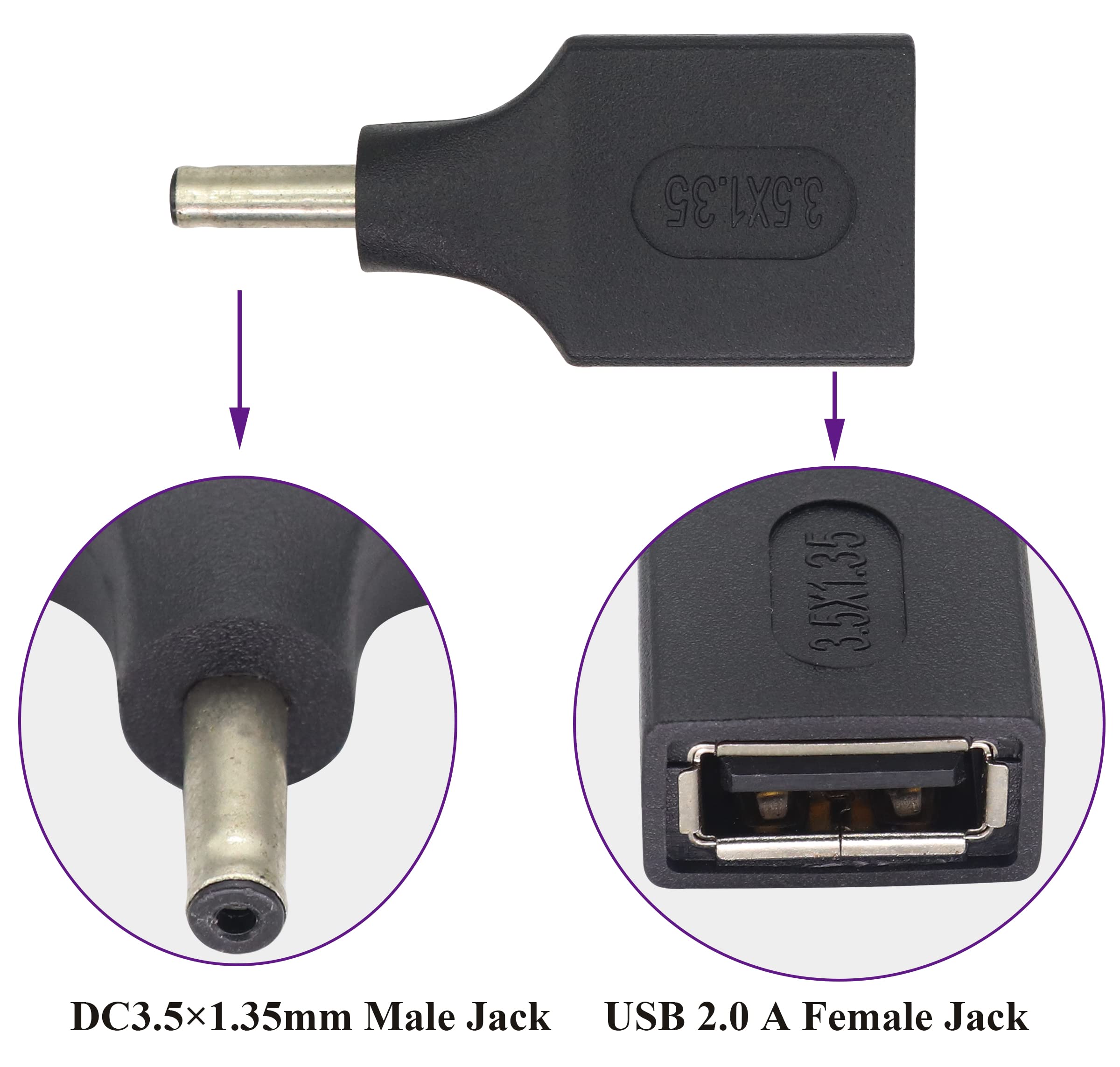 AAOTOKK (2 Pack USB to DC 3.5×1.35mm Power Adapter 5 Volt USB 2.0 A Female to DC 3.5 × 1.35 mm Male Jack DC 5V Barrel Power Plug Charger Cord Connector for 5 V DC or USB Charging Device(F/3.5×1.35)