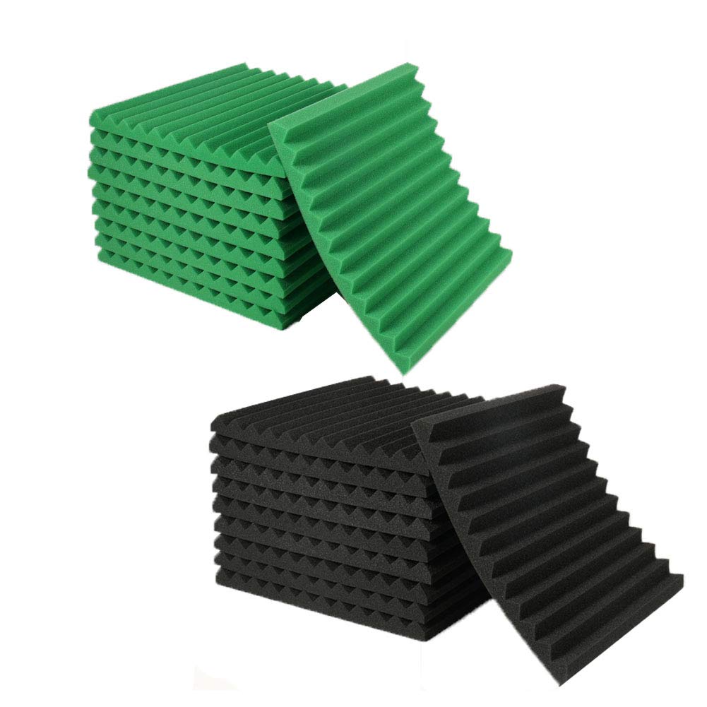 96 Pack- Black/Green Acoustic Panels Studio Foam Wedges 1" X 12" X 12" (96PACK, BLACK&GREEN)
