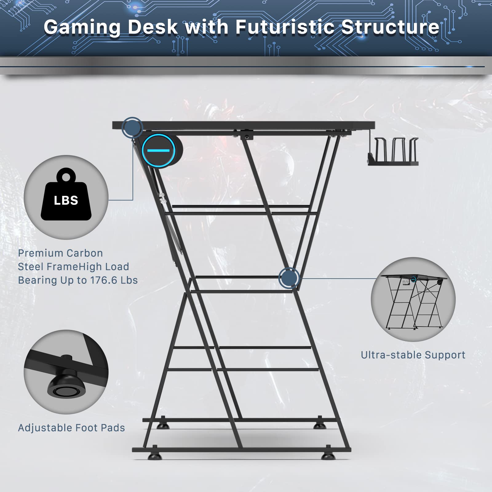 JOY worker Gaming Desk with LED Lights, 47 Inch Gamer Desk Carbon Fiber Desktop, Game Desk with Cup Holder, Home Office Gaming Room Workstation, Black