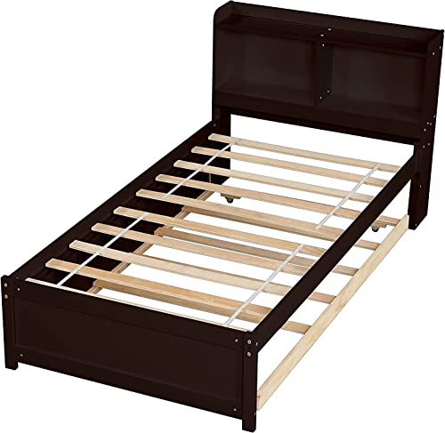 Harper & Bright Designs Twin Bed with Trundle, Twin Bed Frame with Bookcase Headboard, Wood Twin Platform Bed with Pull Out Trundle Bed for Kids Girls Boys,No Box Spring Needed,Espresso