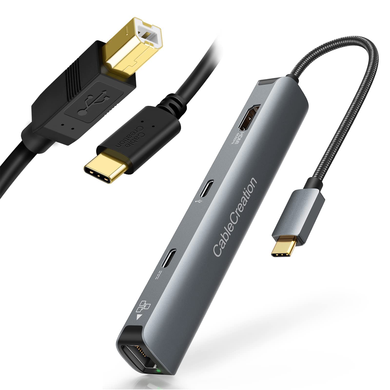 CableCreation 6-in-1 USB-C Hub with 4K 60HZ HDMI Bundle with USB B to USB C Printer Cable 6.6FT