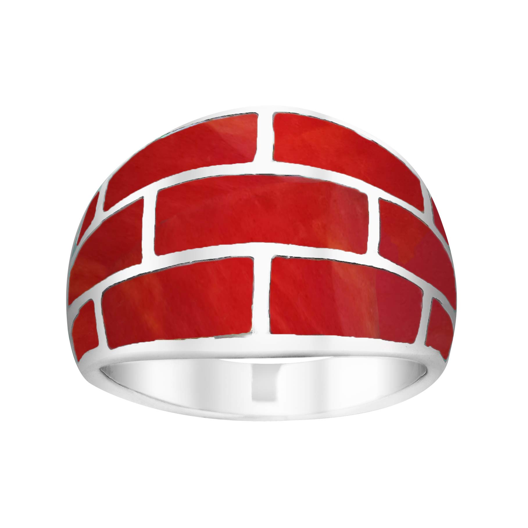 AeraVida Modern Brick Blocks Reconstructed Red Coral Sterling Silver Ring