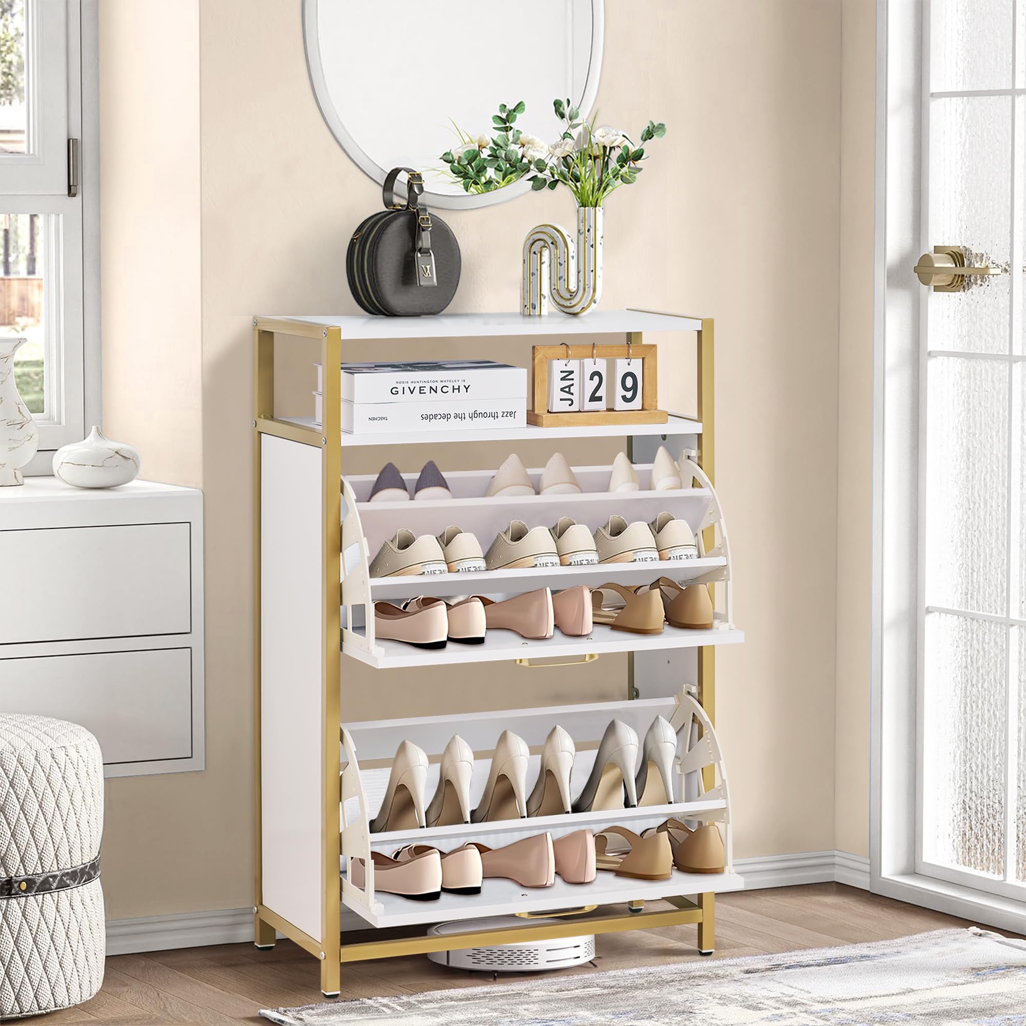 VECELO Shoe Storage Cabinet with 2 Flip Drawers for Entryway, Modern Slim Hidden Freestanding Organizer with Metal Legs for Hallway, Living Room, Large Capacity, Suit for Size to 8, White