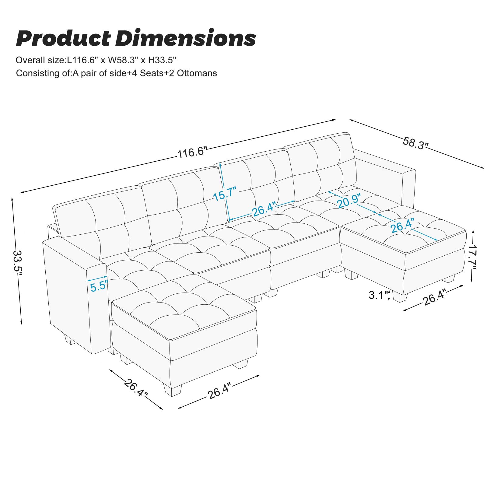 Belffin U-Shaped Modular Sectional Sofa, Modular Couch with Storage Seats, 6 Seat Convertible Sofa with Reversible Chaise, Beige