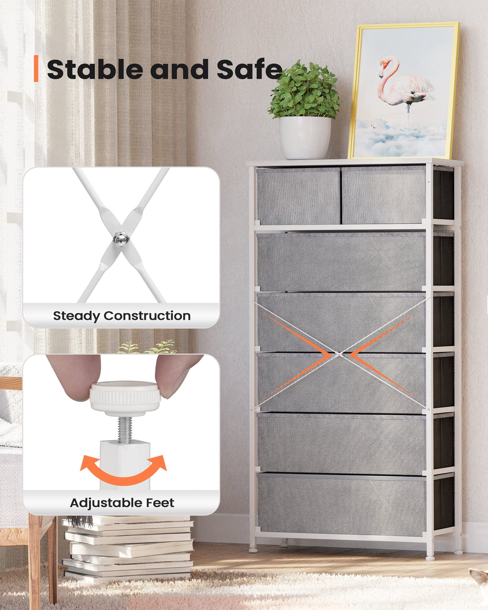 Pellebant Dresser for Bedroom with 7 Drawers, Tall Dresser Vertical Storage Tower, Sturdy Metal Frame, Fabric Storage Bins with Wooden Handle, Wooden Top, Organizer Unit for Closet/Hallway, Light Grey