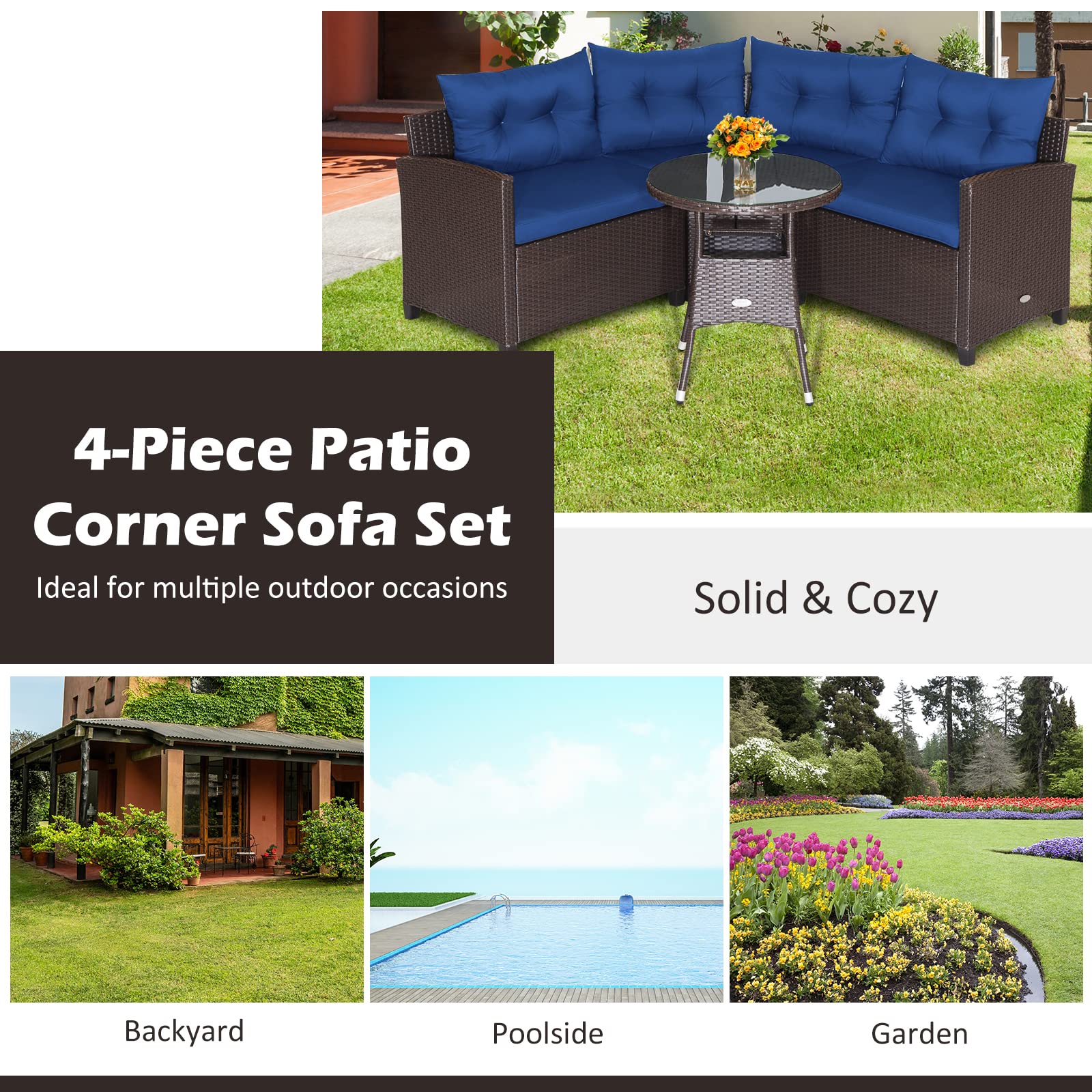 Tangkula 4 Piece Outdoor Sectional Sofa Set, Half-Moon All Weather Heavy Duty Corner Patio Furniture Set with Round Side Table, Soft-Padded Cushions, for Backyard, Poolside, Deck (Navy)