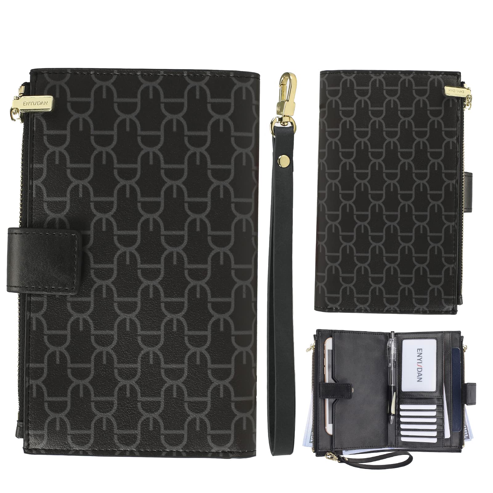 ENYISDAN Women Wristlet Clutch Wallet Long RFID Blocking Leather Wallet Multi Card Zipper Wallet with Credit Card Case Zipper Pocket Holder (black background/gray and white letters)