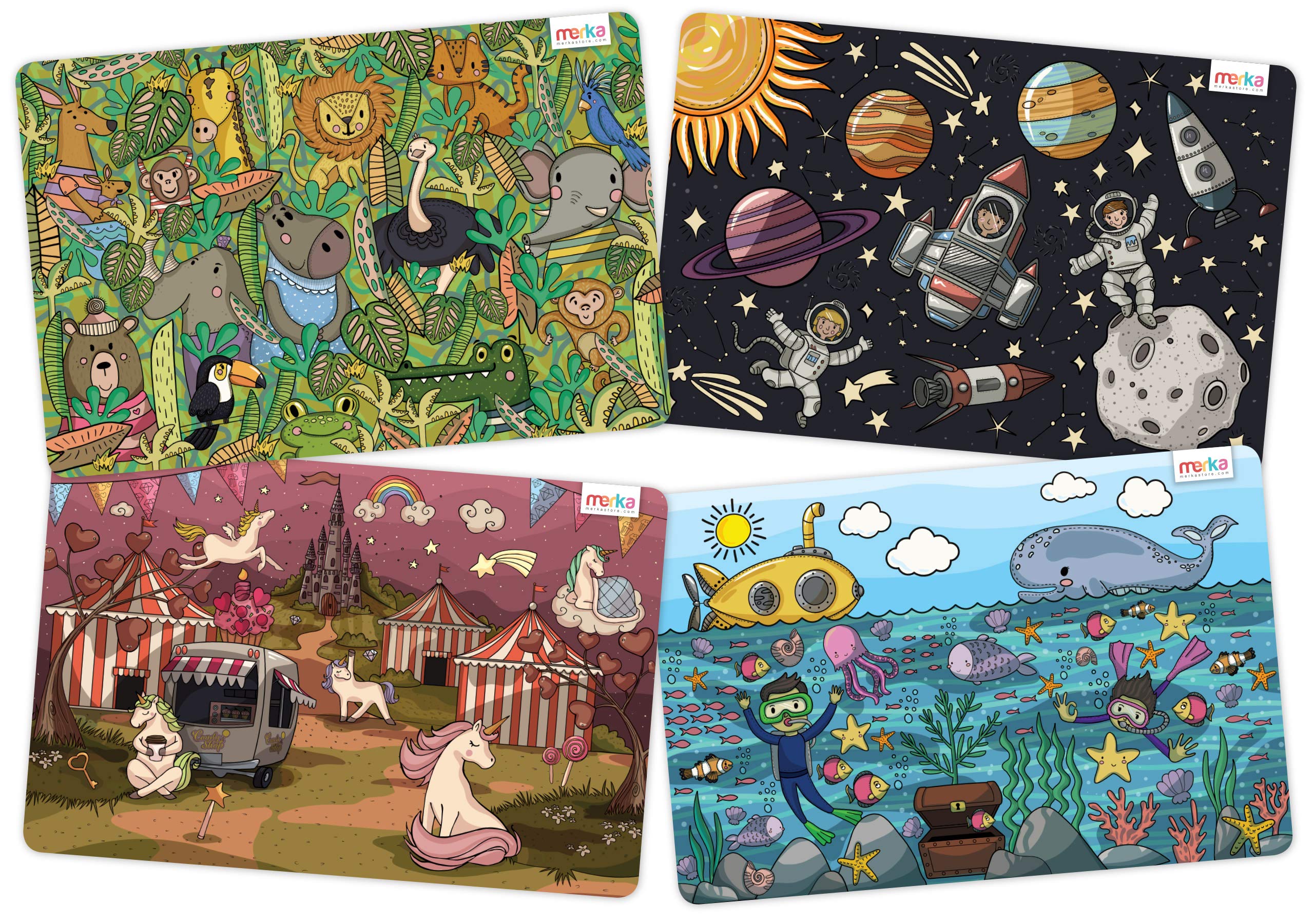 merka 4 Pack Kids Placemats for Dining Table, Placemat Plastic for Kid, Reusable Wipeable, Set of 4 Ocean Space Jungle Unicorns for Ages 2 and Up