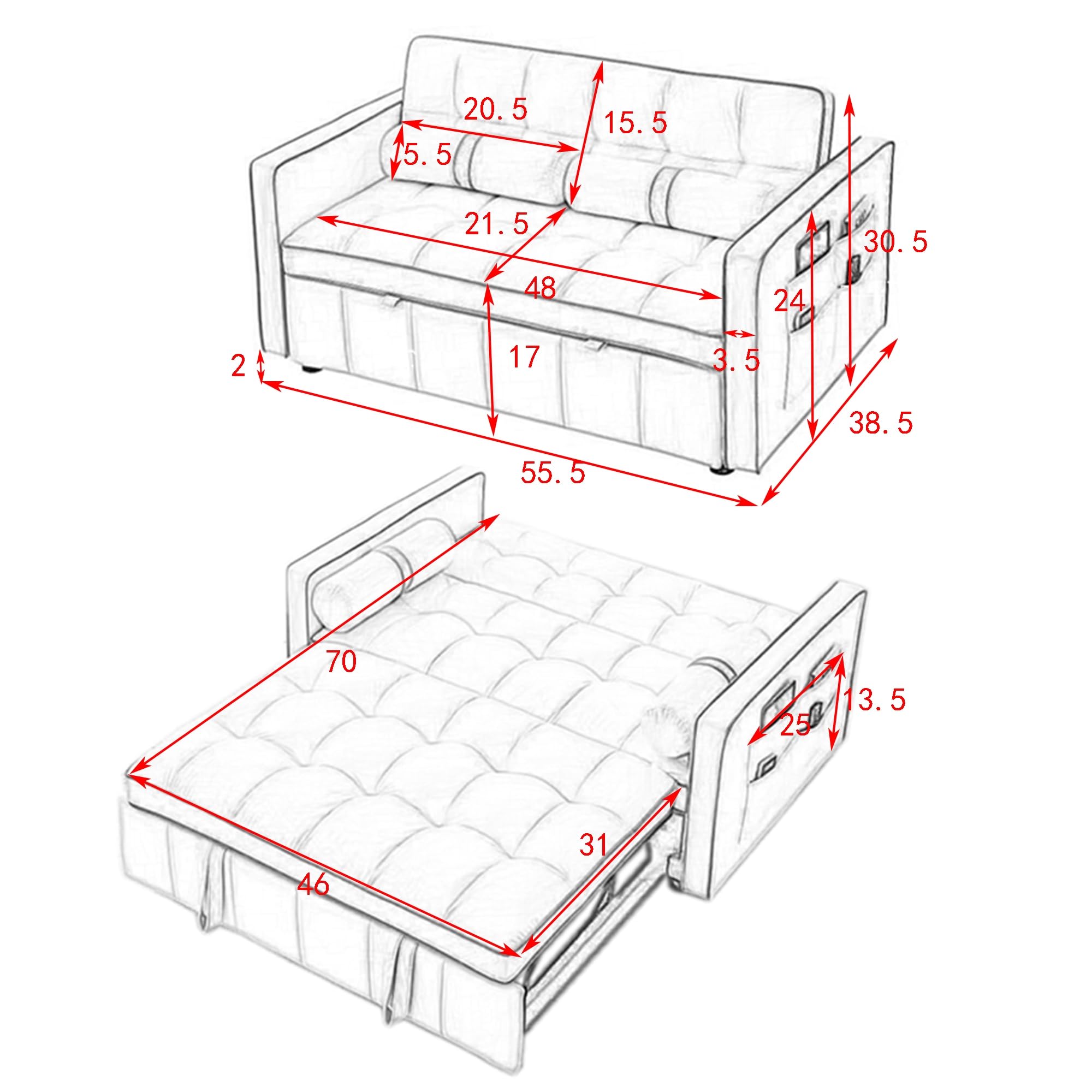 AUGOP 3 in 1 Convertible Sleeper Couch Bed,Modern Pullout Couch Pull Out Bed,Adjustable Backrest,Two Cylindrical Pillows,Multi-Pockets,Loveseat Futon Sofa for Living Room Furniture (Grey, Style A)