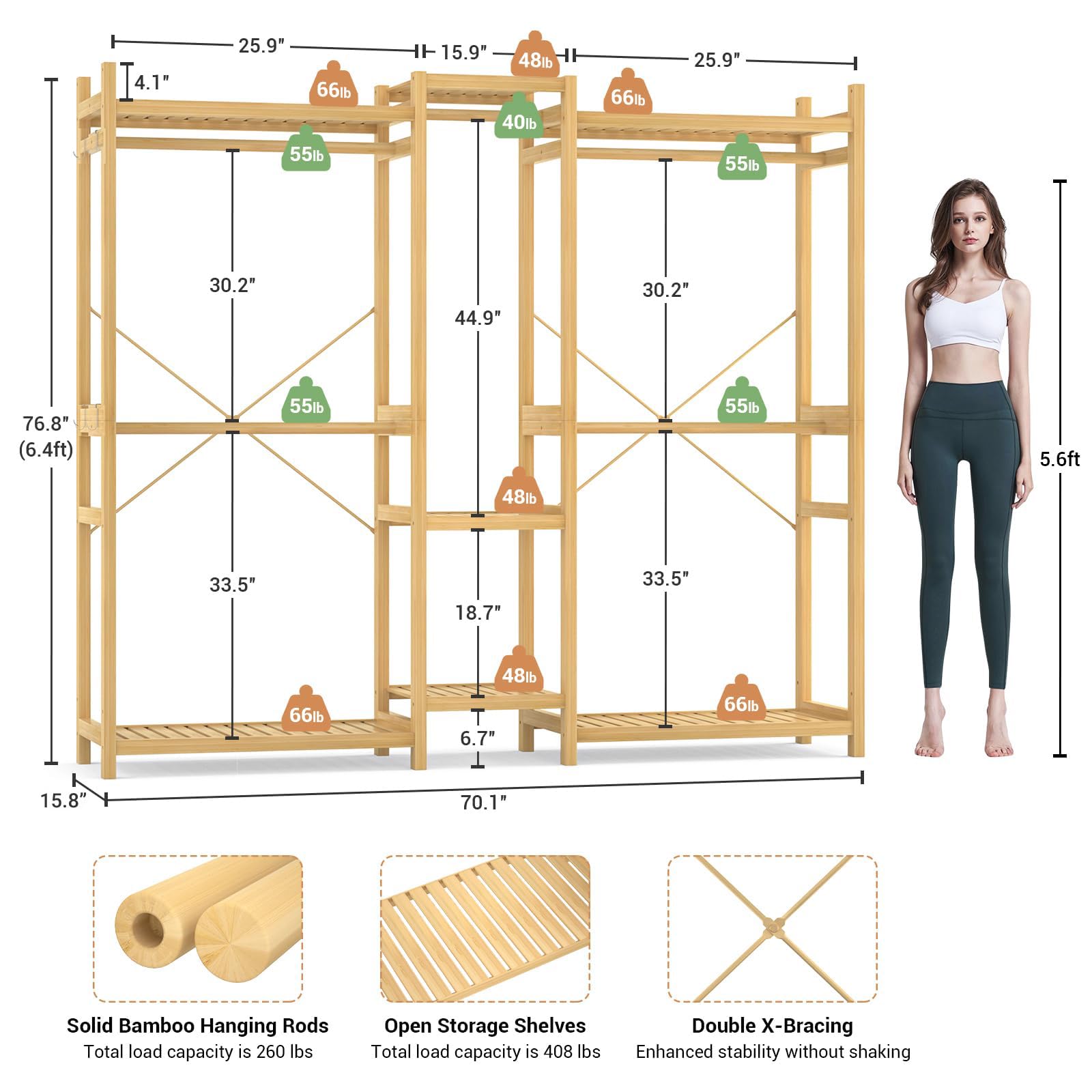 Homykic Bamboo Closet System Clothes Rack, Large Freestanding Garment Rack Clothing Rack for Hanging Clothes with 7 Storage Shelves and 5 Rods, Open Wardrobe Organizer with 4 Hooks, Natural