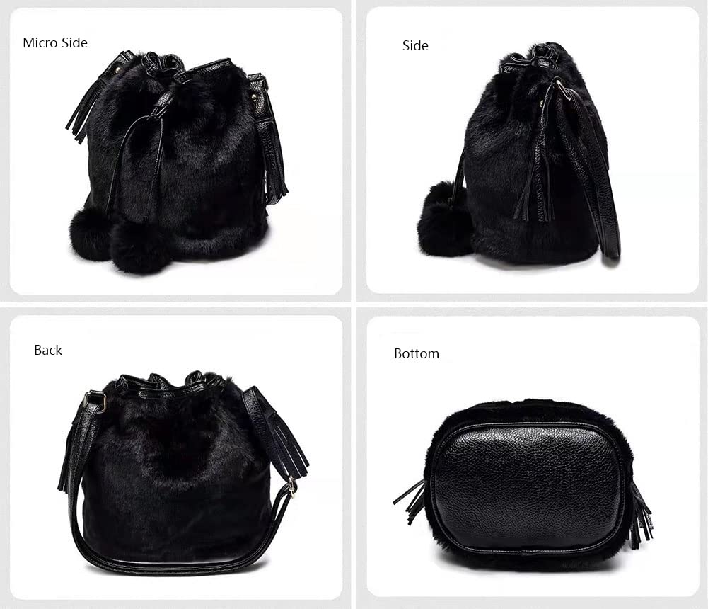 ENYIWH Women Leopard Print Faux Purse Fur Drawstring Bucket Bag Shoulder Crossbody Bag