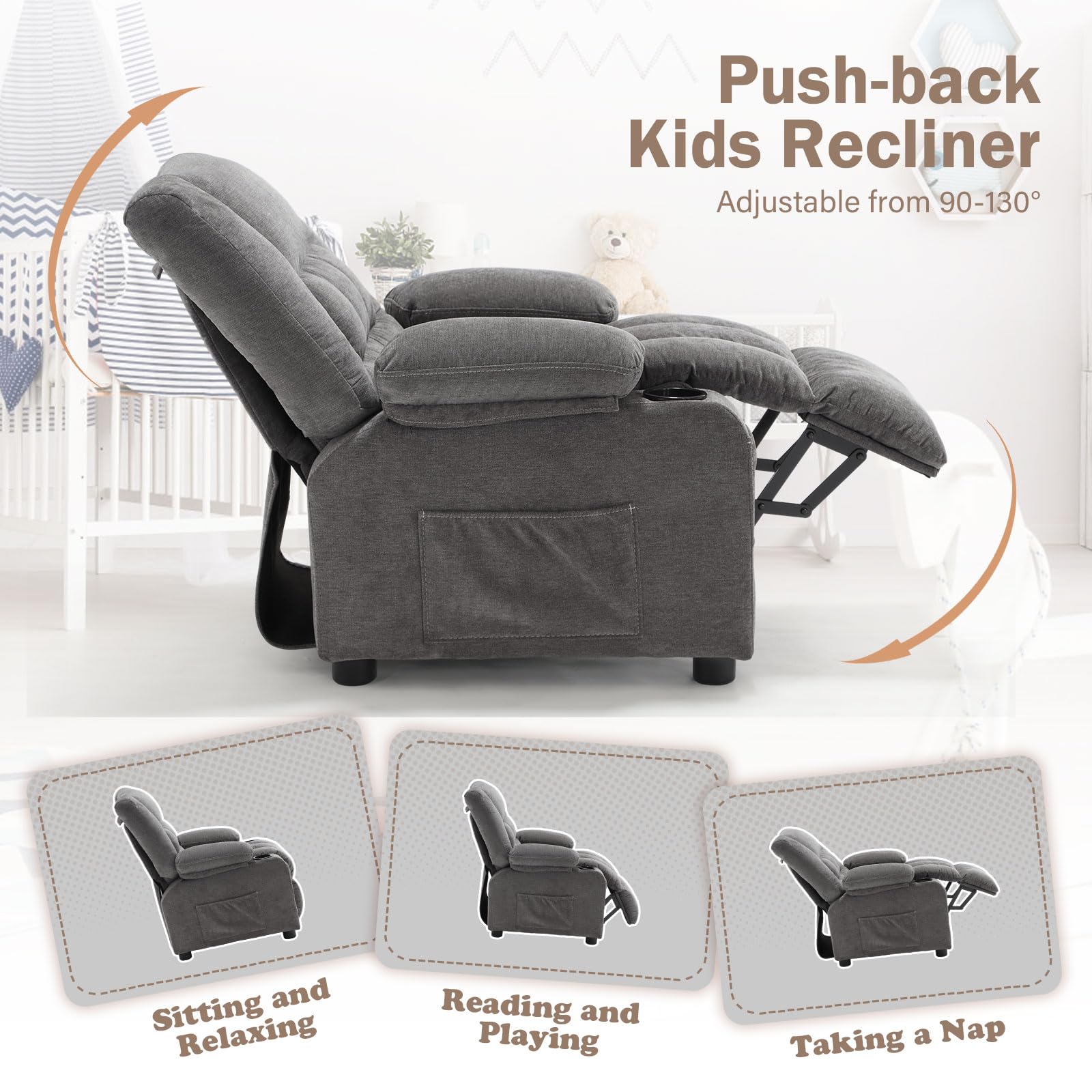 BOSMILLER Kids Recliner Chair, Push Back Toddler Recliner with Cup Holders & Side Pockets, Adjustable Footrest & Headrest Kids Sofa for Boys Girls 3+ Age Group (Deep Grey)
