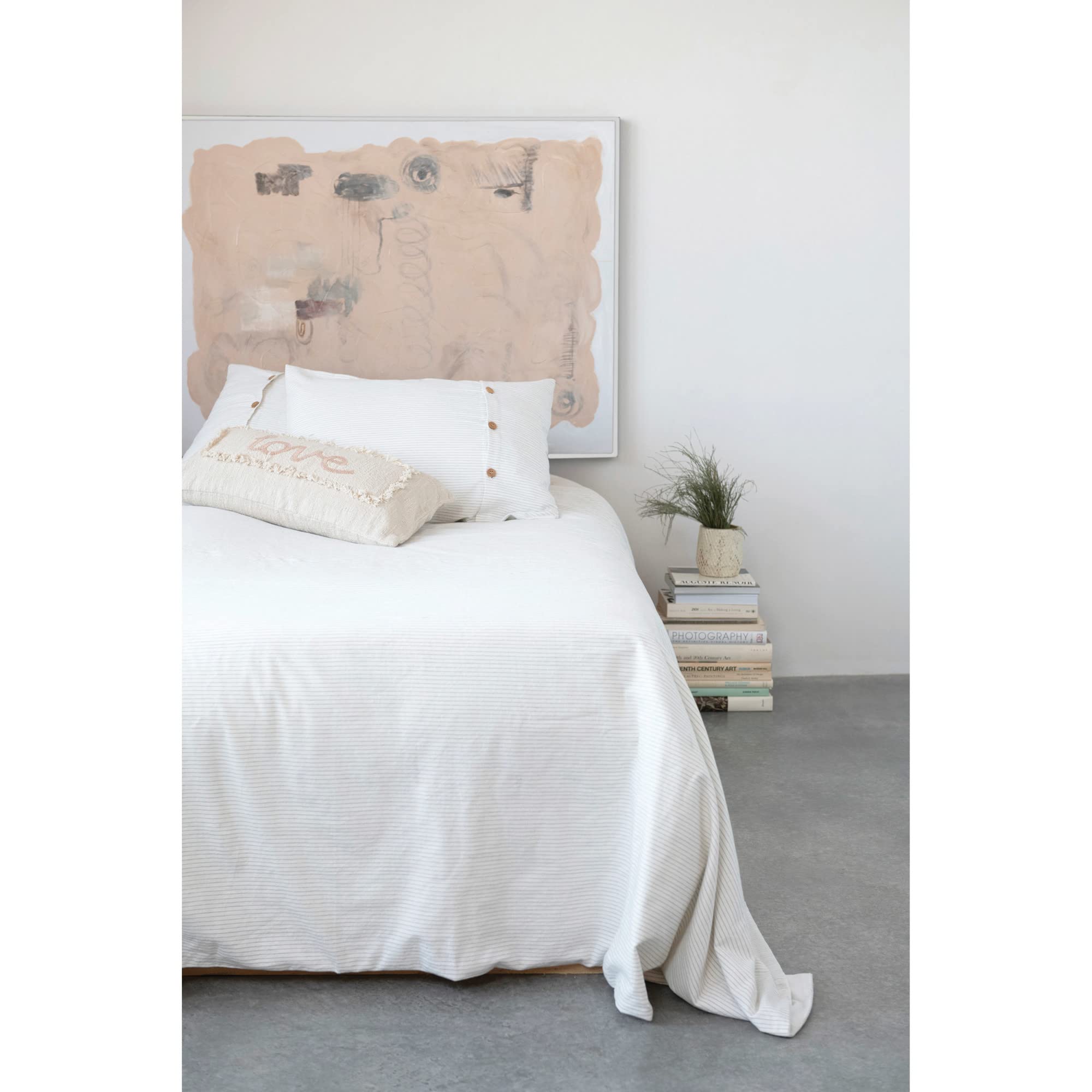 Creative Co-Op Cotton Double Sided Striped, 2 Shams, Set of 3 Duvet Cover, Queen, White