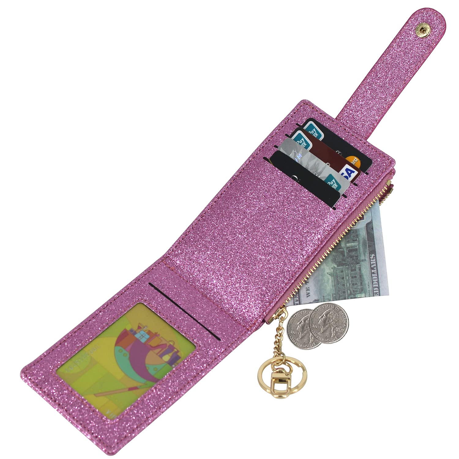 FFpaw Glitter Credit Card Wallet for Women Shiny Small Coin Purse RFID Blocking Card Holder with Key Ring (Shiny Rose)