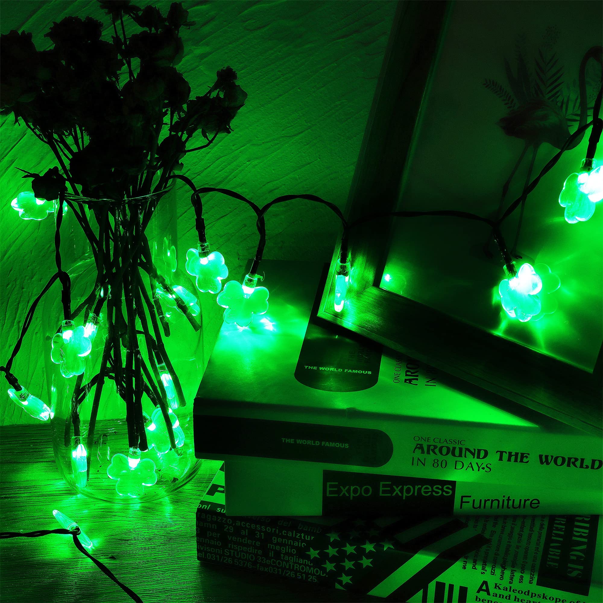 LJLNION St. Patricks Day String Lights Outdoor, 50 LED 16 FT Shamrocks Decorative Green Leaf Lights Battery Operated, 8 Lighting Modes & Timer, Waterproof for Home Garden Party Decoration, 1 Pack