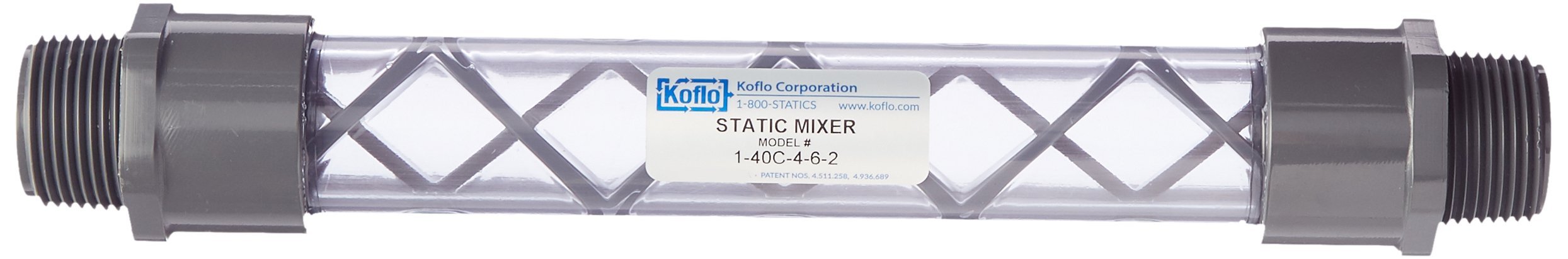 Koflo 1-40C-4-6-2 Clear PVC Schedule 40 Pipe Static Inline Mixer; 1" NPT(M), 6 Elements