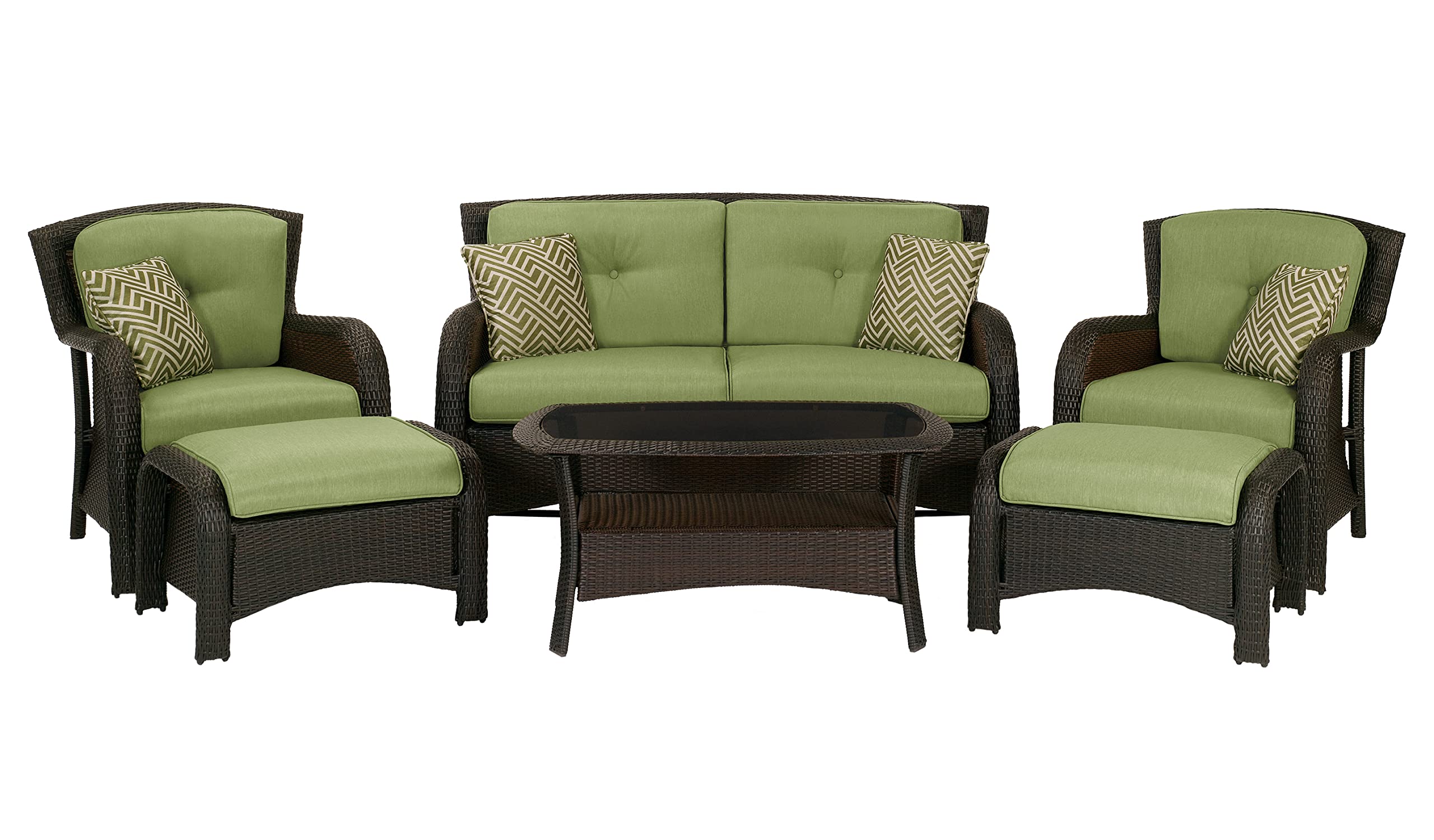 Cambridge Corrolla 6-Piece Outdoor Conversation Set, Modern Luxury Furniture for Patio, Deck, Sunroom, Loveseat, Coffee Table, 2 Chairs, 2 Ottomans, Plush Green Cushions, Patio Furniture Set