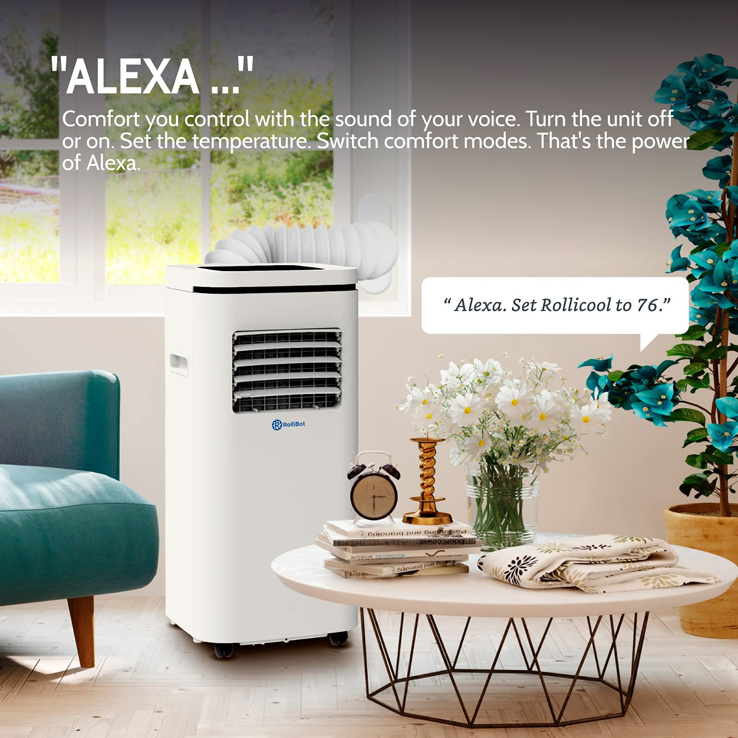 Alexa Voice-Enabled ROLLICOOL Smart Portable Air Conditioner 10,000 BTU Quiet AC Unit with Built-in Dehumidifier and Fan Modes, Mobile App and Easy Install Window Mount Kit, For Rooms up to 375 sq ft