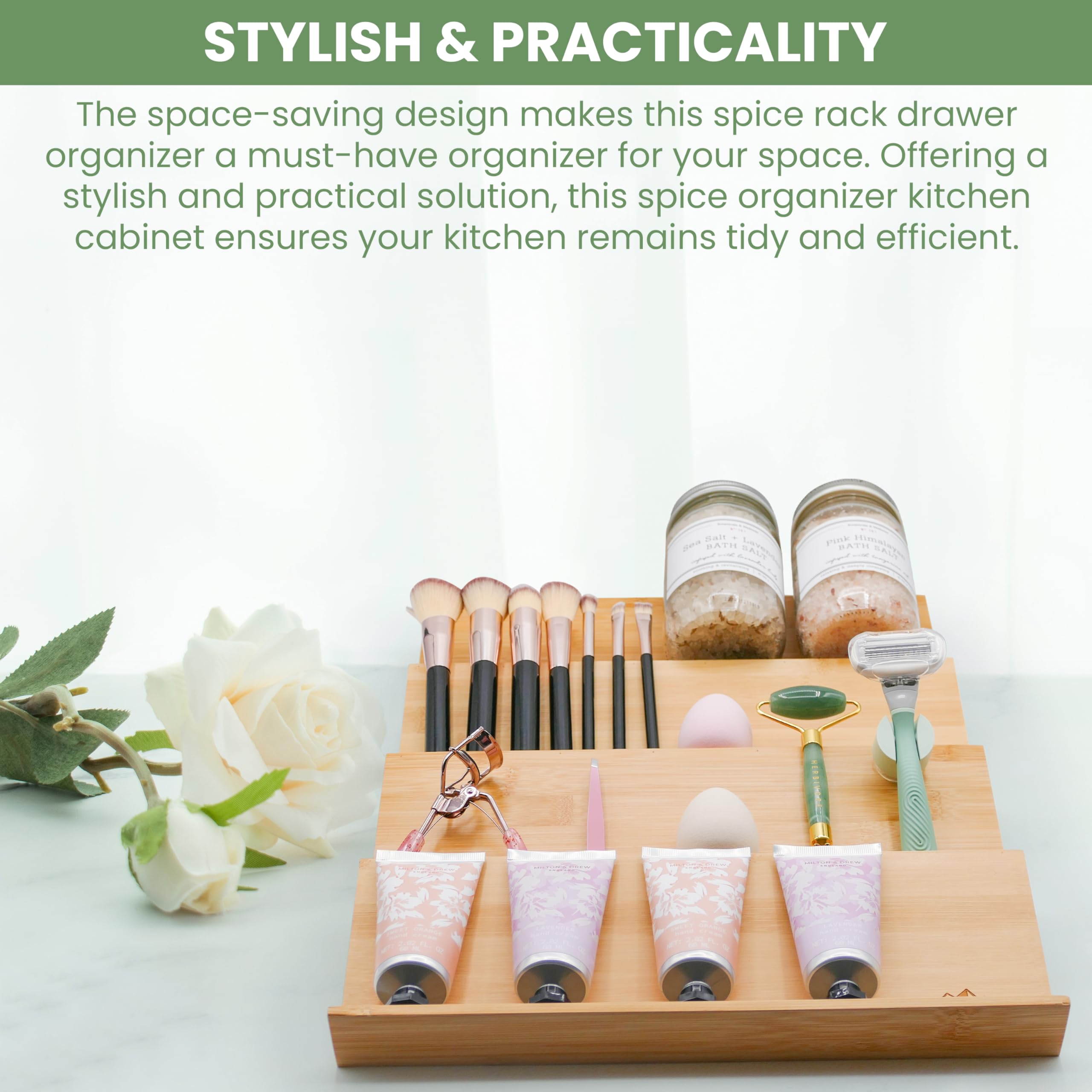 Bamboo Spice Drawer Organizer Insert for Shallow Drawers - 4 Tier In Drawer Spice Organizer (5" D x 13" W x 1.2" H)- Stackable Spice Rack for Drawer for Spice Organization- Drawer Spice Rack Organizer