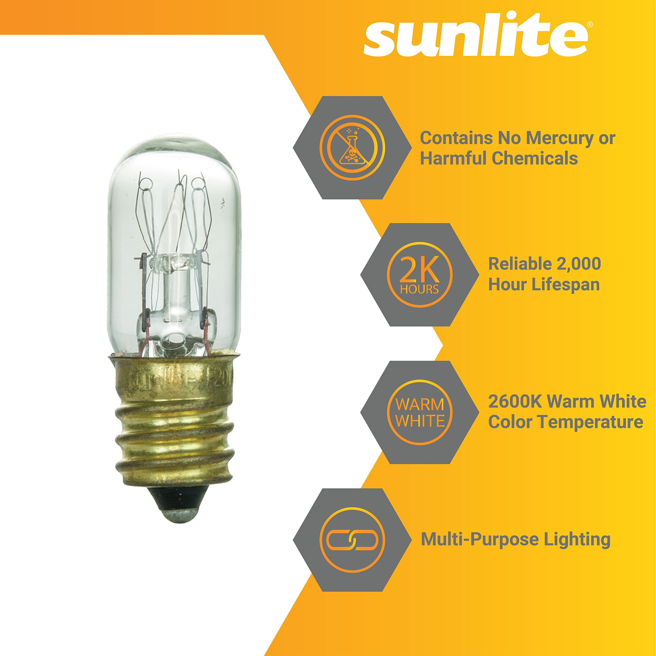 Sunlite 41717 Incandescent T4 Tubular Light Bulb, 15 Watts, 75 Lumens, Candelabra E12 Base, Dimmable, 2000 Hour Life Span, 2600K Warm White, 10 Count