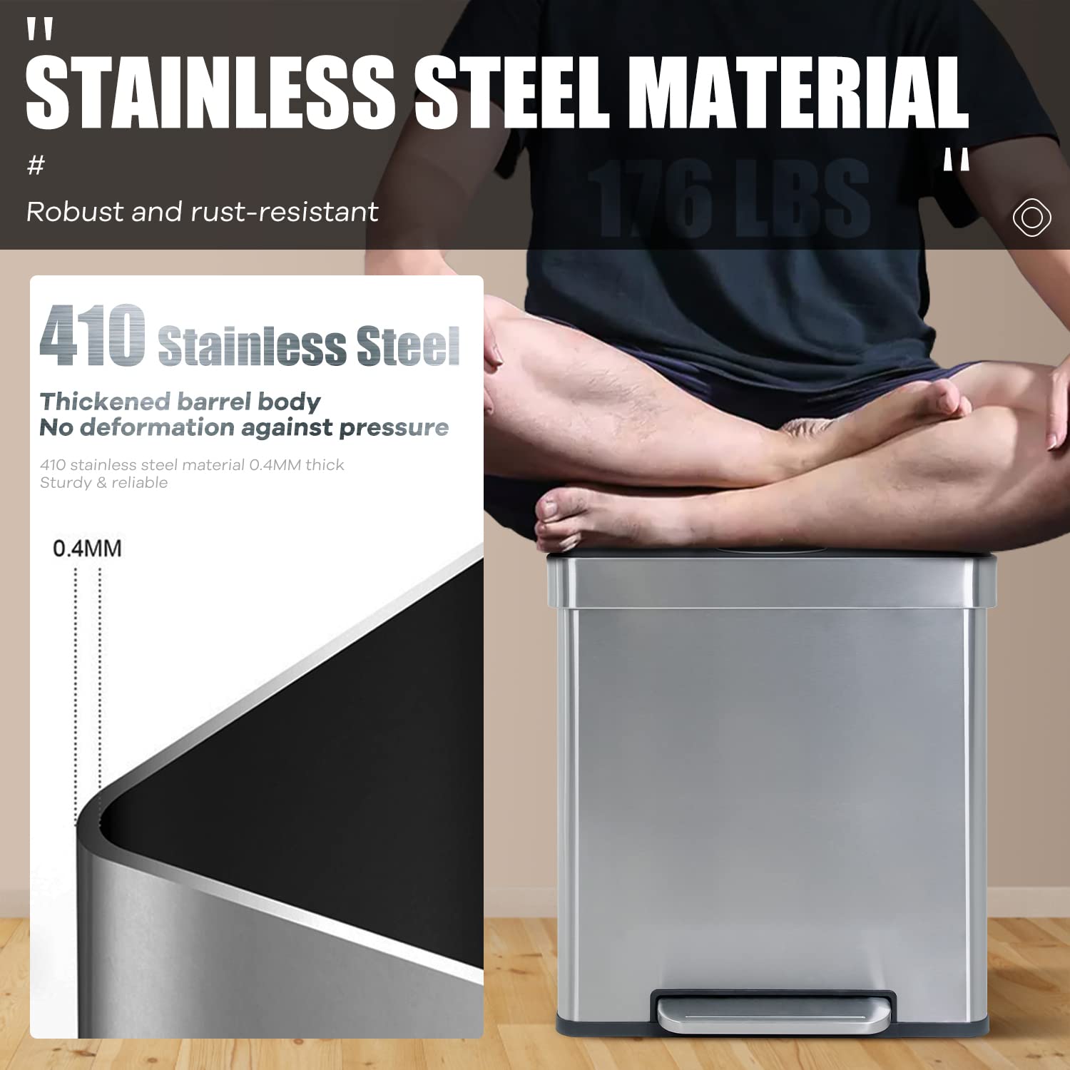 MGHH Trash Can,16 Gallon (2X30L) Dual Garbage Can with Mute Metal Waste Bin, Stainless Steel Double Compartment Classified Recycle Garbage Pedal Dustbin,Suit for Kitchen,Office,Bedroom