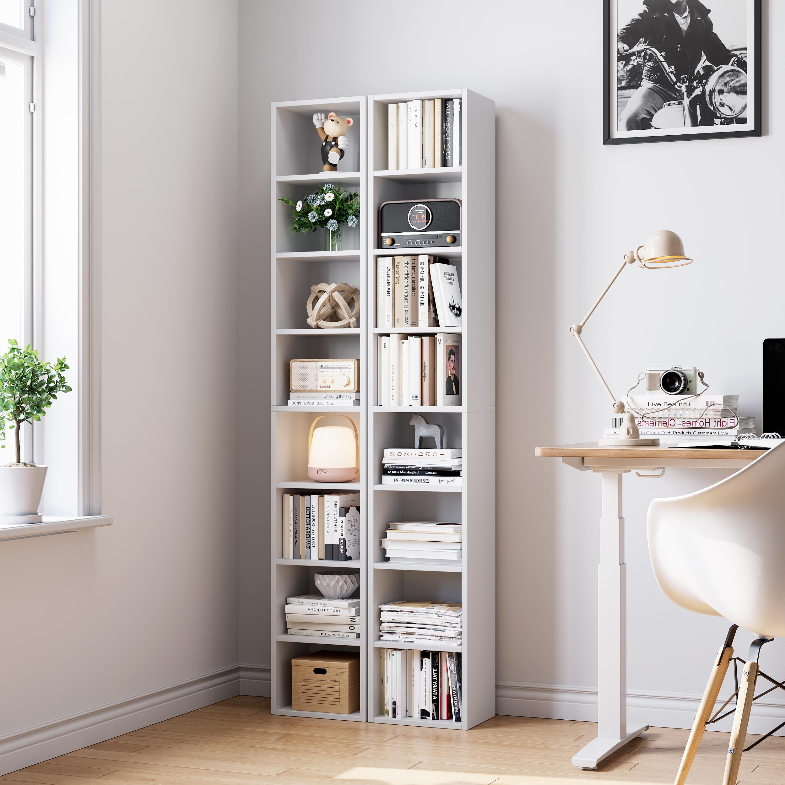 Bamjoy 71 Inches Tall Narrow Bookshelf, 8-Tier CD DVD Slim Media Tower Rack, Corner Bookcase with Adjustable Shelves, Skinny Cubes Bookshelves for Home Office Small Space, White