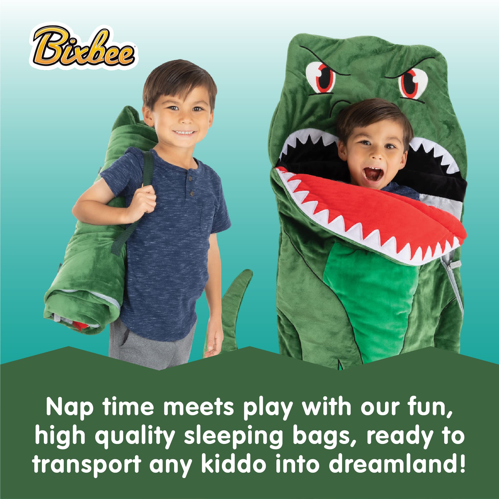 Bixbee Kids Sleeping Bag, Dinosaur Sleeping Bag for Kids 3+, 60 x 22 Inches, Soft Toddler Sleeping Bag with Carrying Handle | Machine Washable Soft Slumber Bag for Naptime, Daycare
