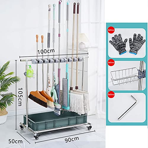 AUNEVN Movable Hand Trucks Mop Drain Rack Movable Closet Cabinet Floor-Mounted Mop Rack Tower Holder Long Tools Put Wet Mops Movable Floor Holder Stainless Steel Storage Rack/8Slots
