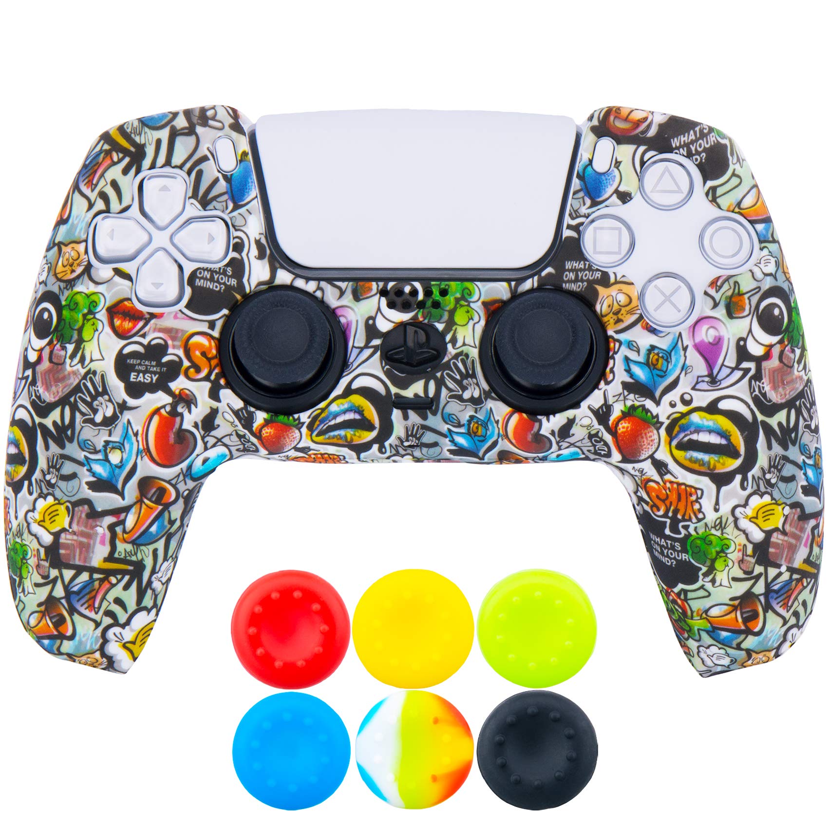 9CDeer 1 Piece of Silicone Transfer Print Protective Thick Cover Skin + 6 Thumb Grips for Playstation 5 / PS5 Controller Strawberry