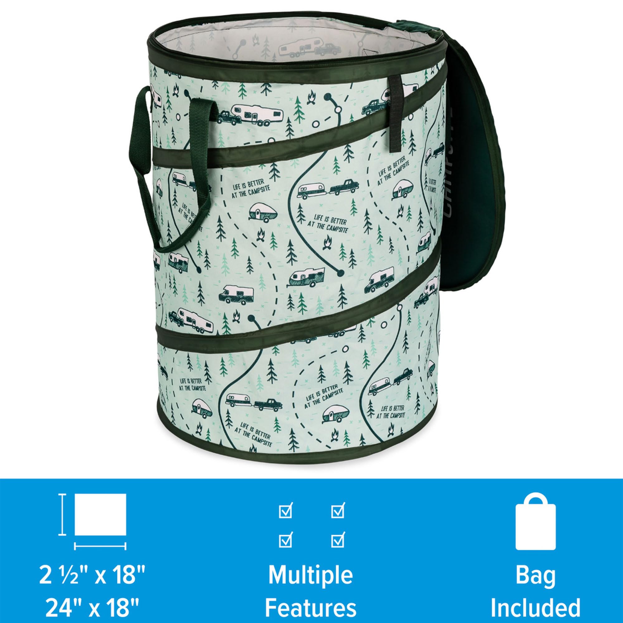 Camco Pop-Up Utility Container | Features Heavy Duty Liner & Zipper Close Lid | Holds 30-Gallon Kitchen-Size Trash Bags | Stands 2-Ft Tall & Collapses for RV Storage and Organization (42996)