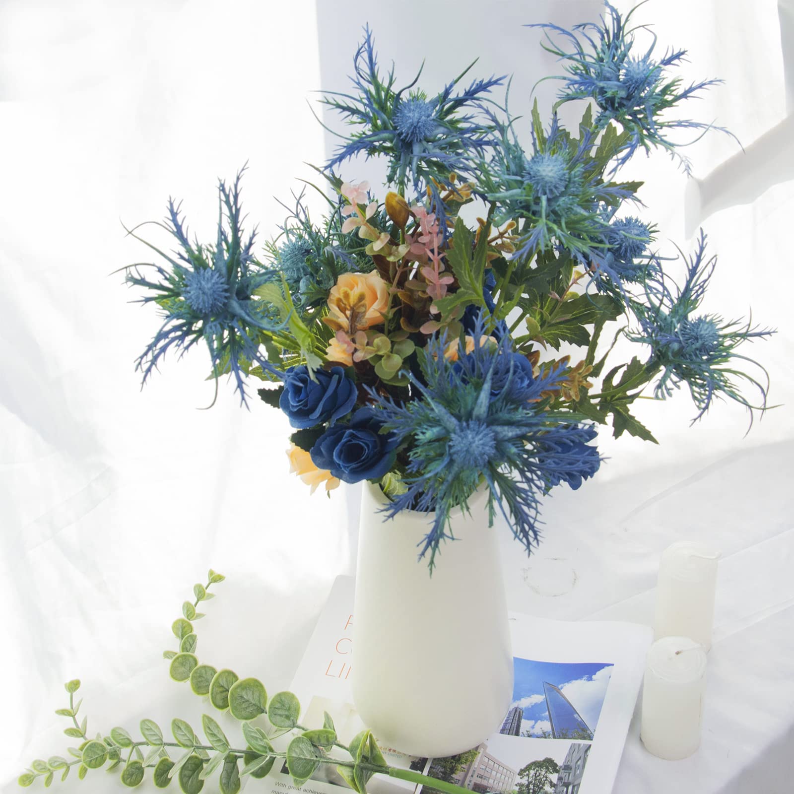 LUZOGA 3 Branch Blue Artificial Thistle Flower Bouquet for Home Wedding Centerpiece Kitchen Office Garden Decor
