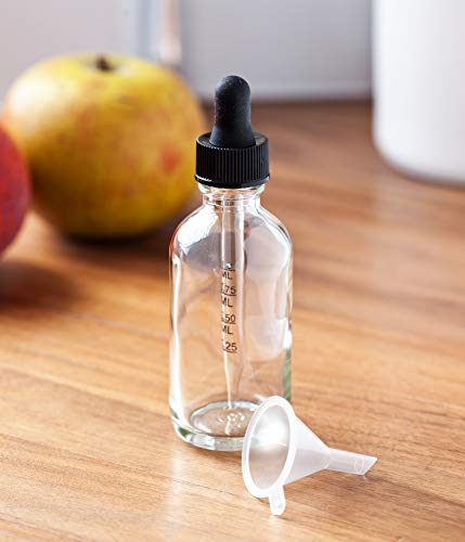 JUVITUS 2 oz / 60 ml Clear Glass Boston Round Graduated Measurement Glass Dropper Bottle (6 Pack) + Funnel