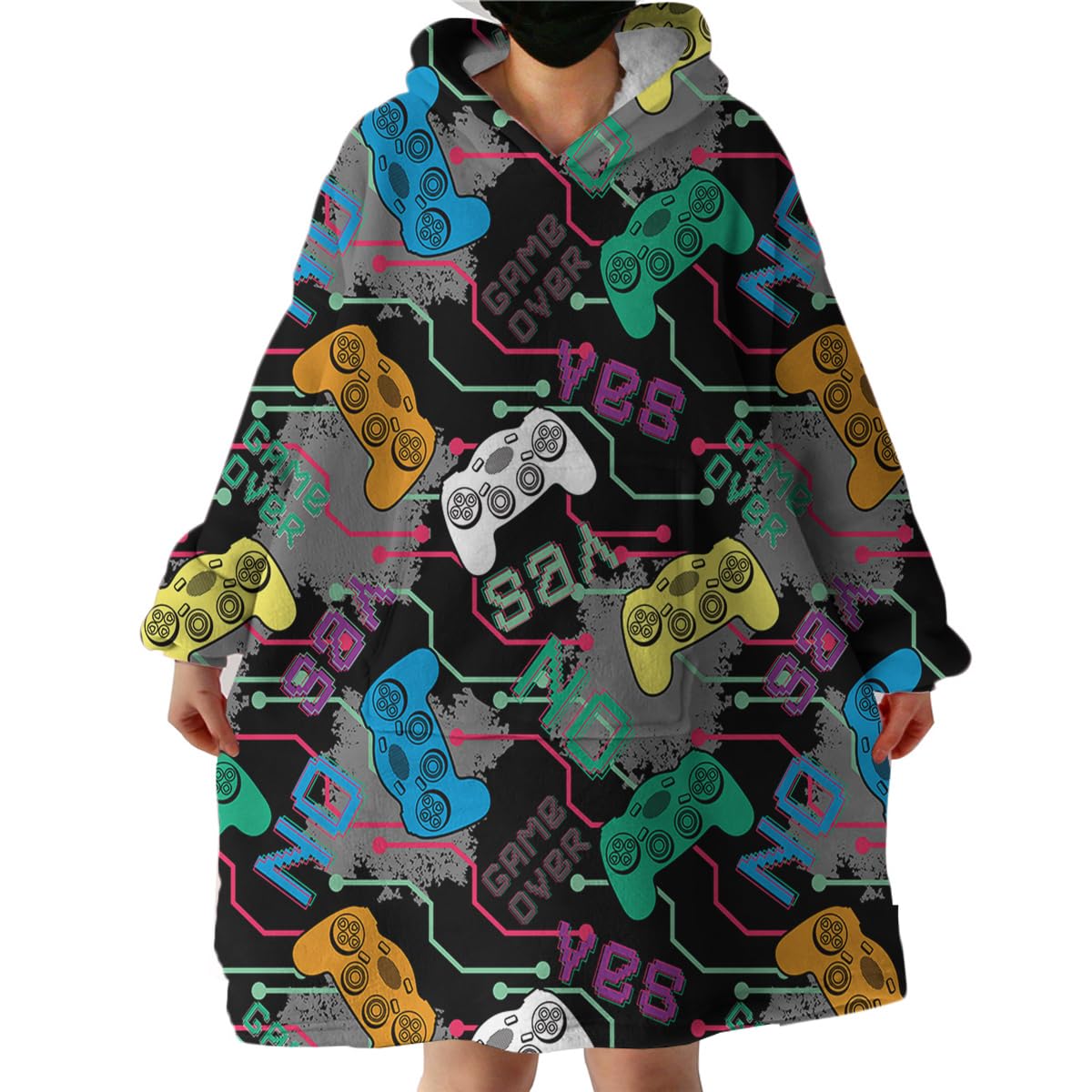 Sleepwish Gaming Wearable Blanket Modern Sweatshirt for Boys, Colorful Gamepad Blanket Hoodie with Sherpa for Teens, Youth, Boys, Girls (Adults 63" x 39")