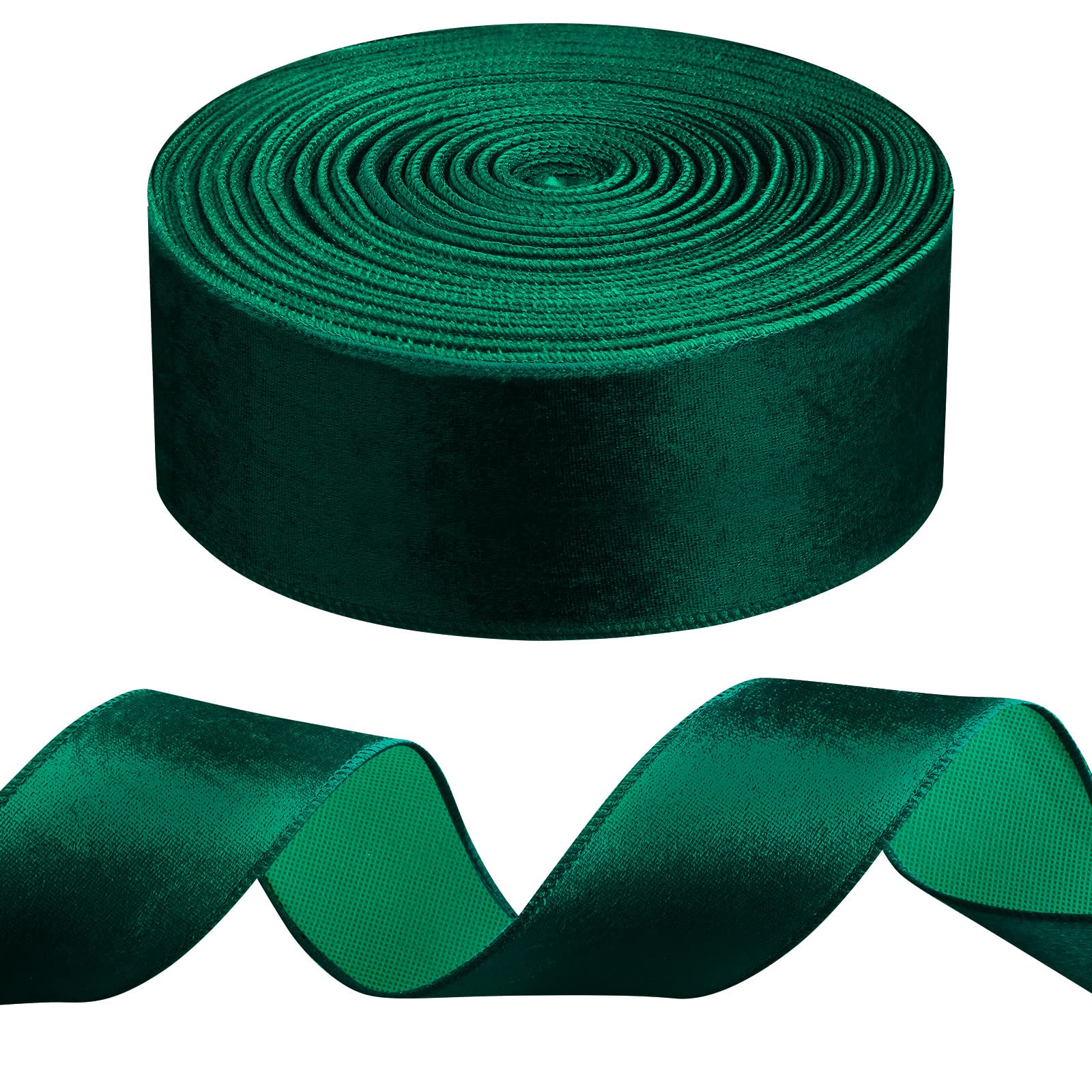 WILLBOND 50 Yards 2.5 Inch Christmas Velvet Wired Ribbon Fabric Decorative Ribbon Gift Wrapping Ribbon for DIY Craft Christmas Holiday Bows Wreath Wedding Indoor Outdoor(Green)