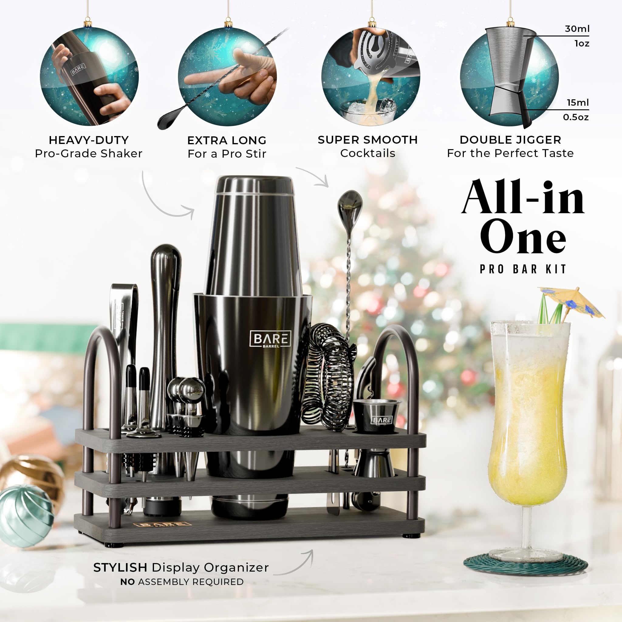 BARE BARREL® Mixology Bartender Kit Bar Set | 14-Piece Cocktail Shaker Set | Martini Barware Mixing Tools for Home Bartending | 35 Recipe Cards | Gift Set (28oz Boston Shaker, Jet Black/Black)