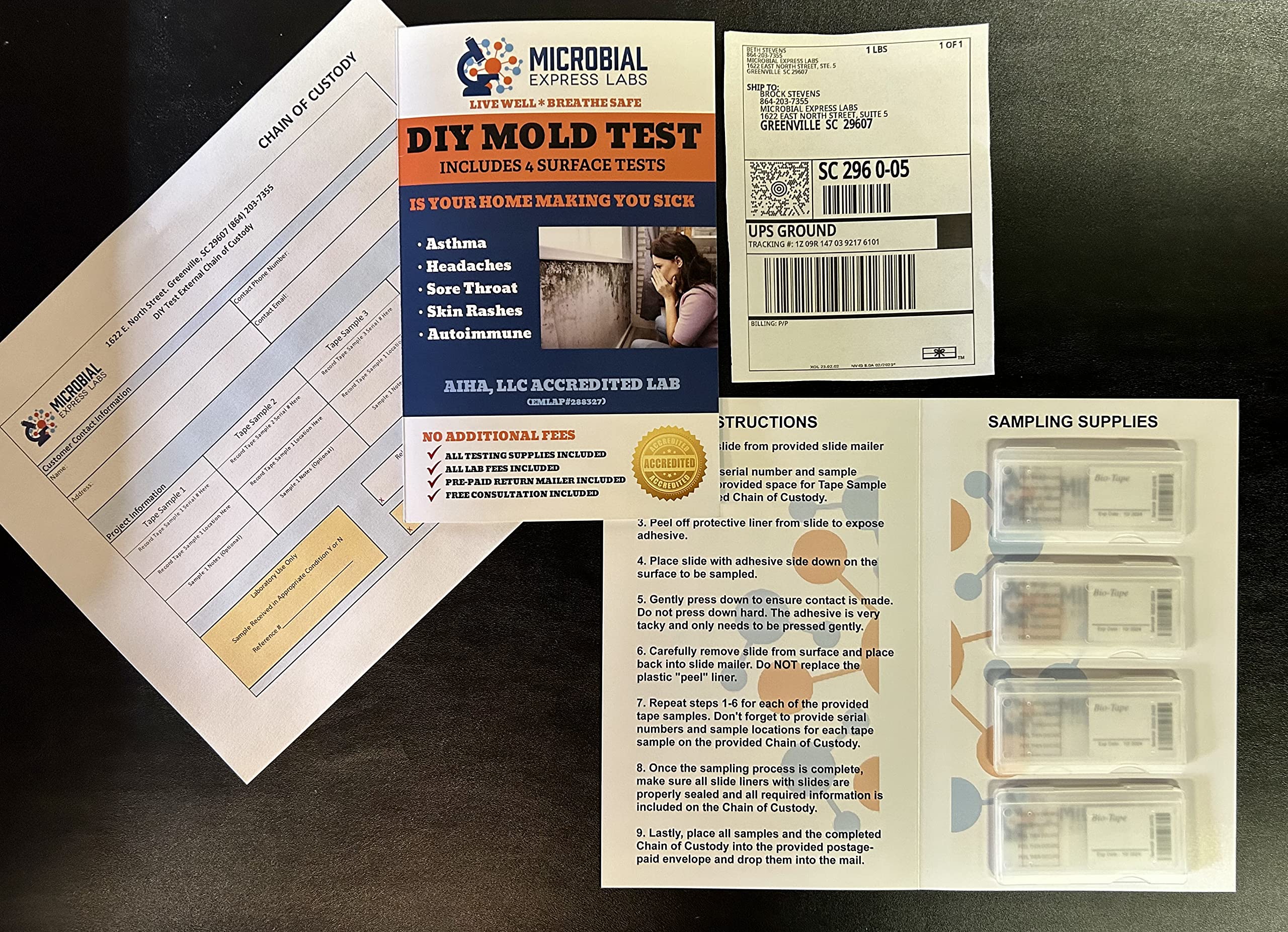 Microbial Express Labs DIY Mold Test Kit (4 Tests). Shipping/Lab Fees Included. AIHA Accredited and Texas Licensed.