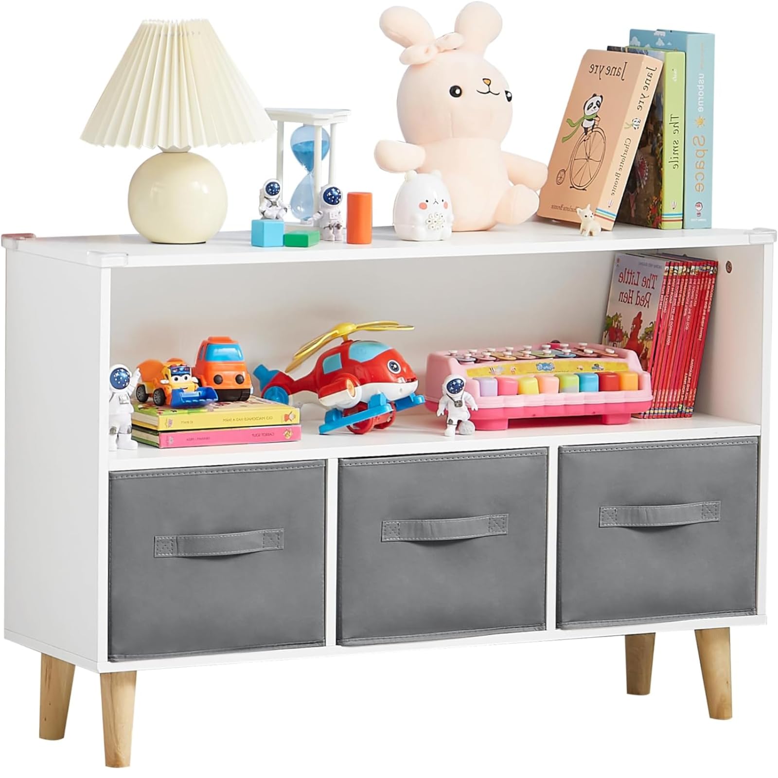 CUANBOZAM 35 Inch Wooden Storage Organizer Cubby with Fabric Bins, Children Kids Bookshelf with Drawers - Toy Storage Cabinet Organizer for Playroom and Bedroom