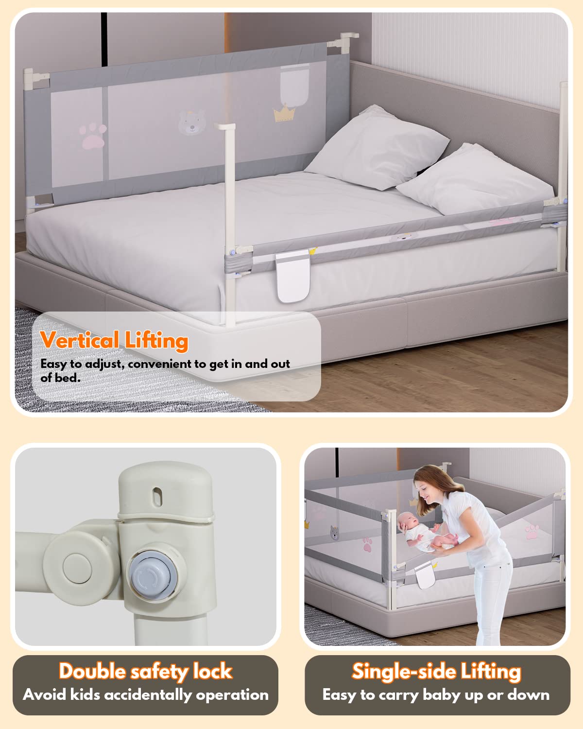 Athradies Bed Rails for Toddlers, 75'' Extra Long Toddler Bed Rails for Kids, Height Adjustable Baby Bed Rail Guard for Twin, Full, King, Queen Size Bed(1 Side, Grey)