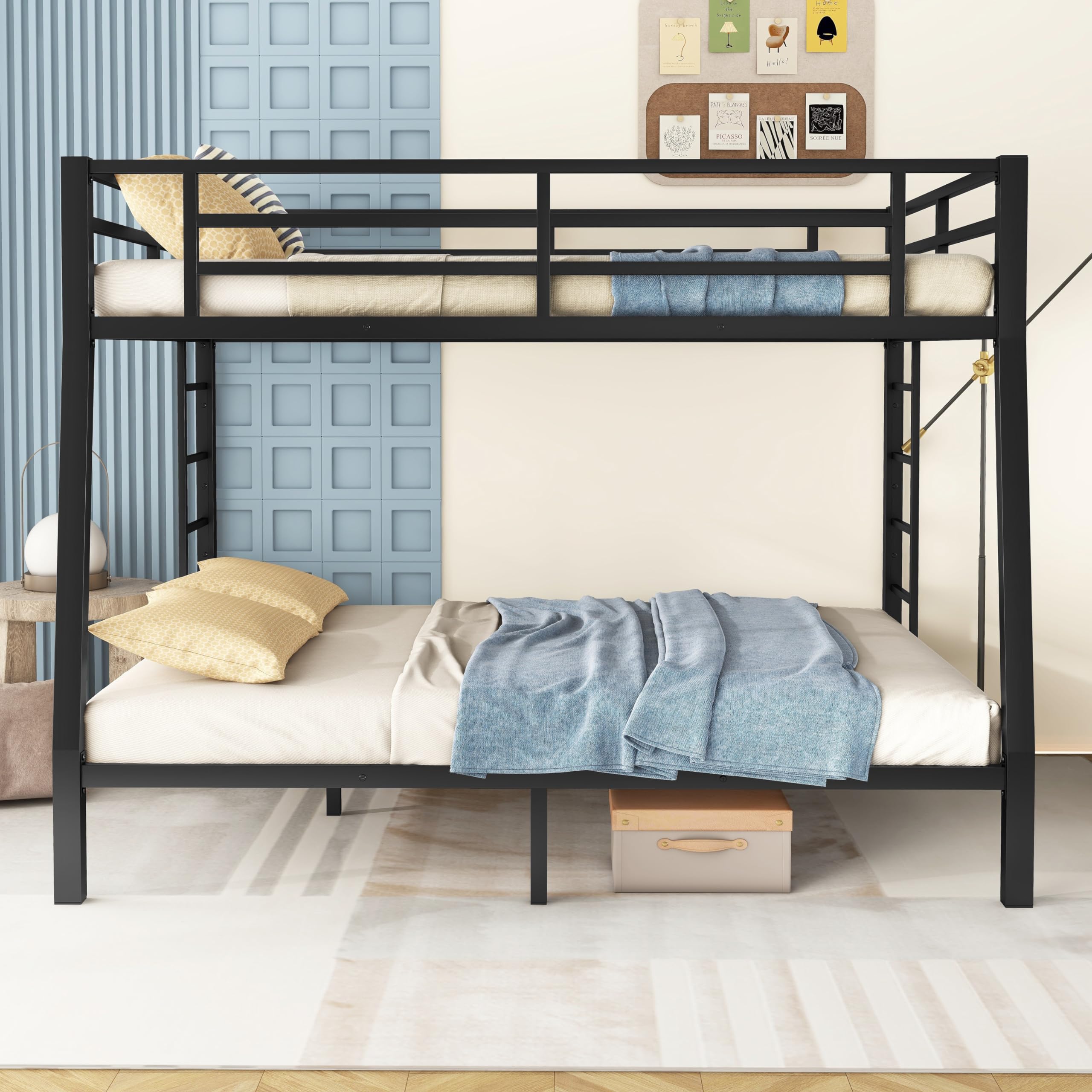 Bellemave Full XL Over Queen Metal Bunk Bed for Adults,Heavy-Duty Bunk Bed with 2 Ladders,Full Over Queen Bunk Beds,Space-Saving Bunk Bed for Kids/Teens/Adults,Noise-Free,Black