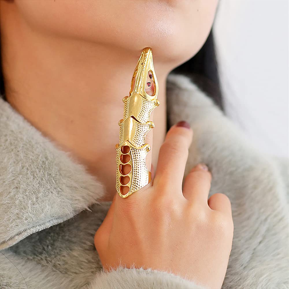 ABJFJE Punk Rock Armor Knuckle Joint Full Finger Double Loop Ring Gothic Activity Rings Halloween Cosplay Costume Accessories Jewelry for Men Women (Gold)