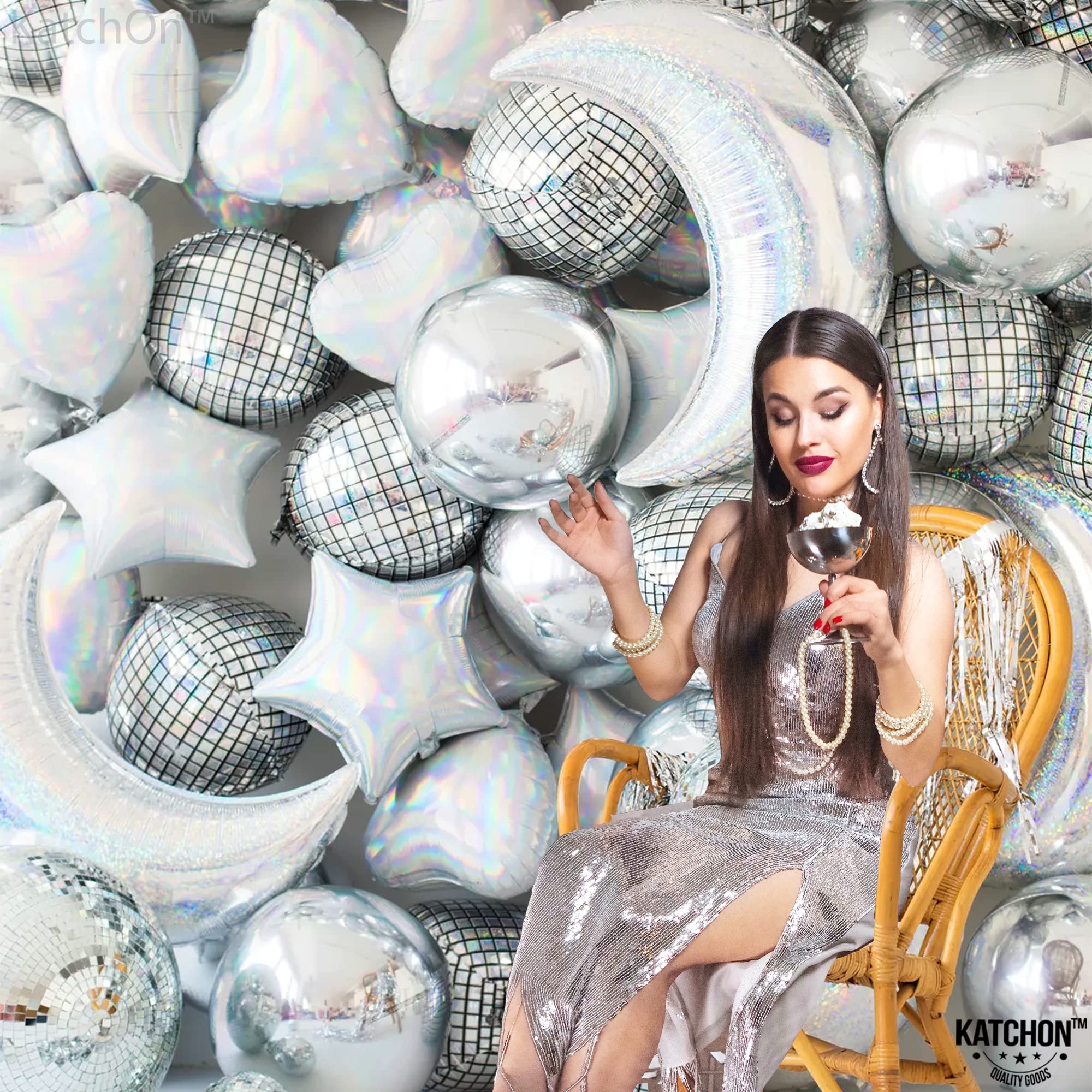 KatchOn, Big Silver Disco Ball Balloons - Pack of 6, Disco Party Decorations | 4D Sphere Disco Balloons for Disco Bachelorette Party Decorations | New Years Balloons for New Years Decorations 2025